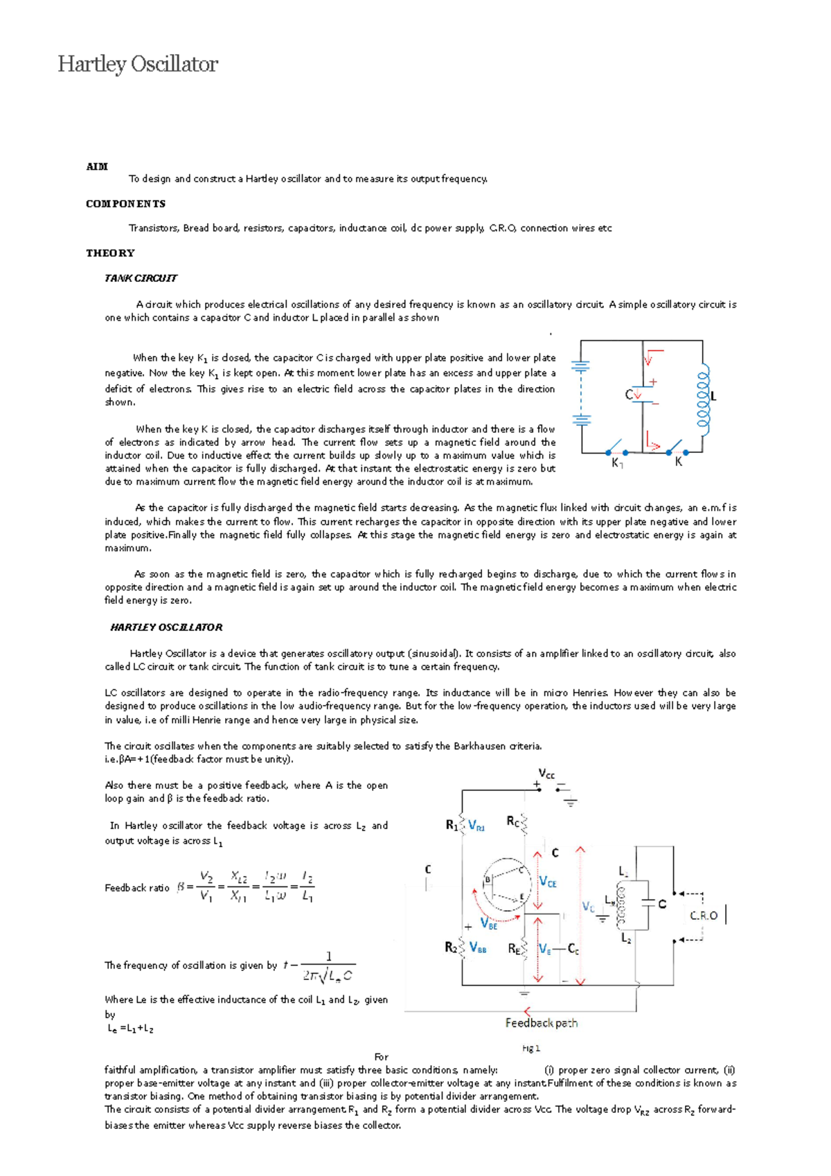 Hartley Oscillator Design & Frequency Measurement Experiment - Studocu