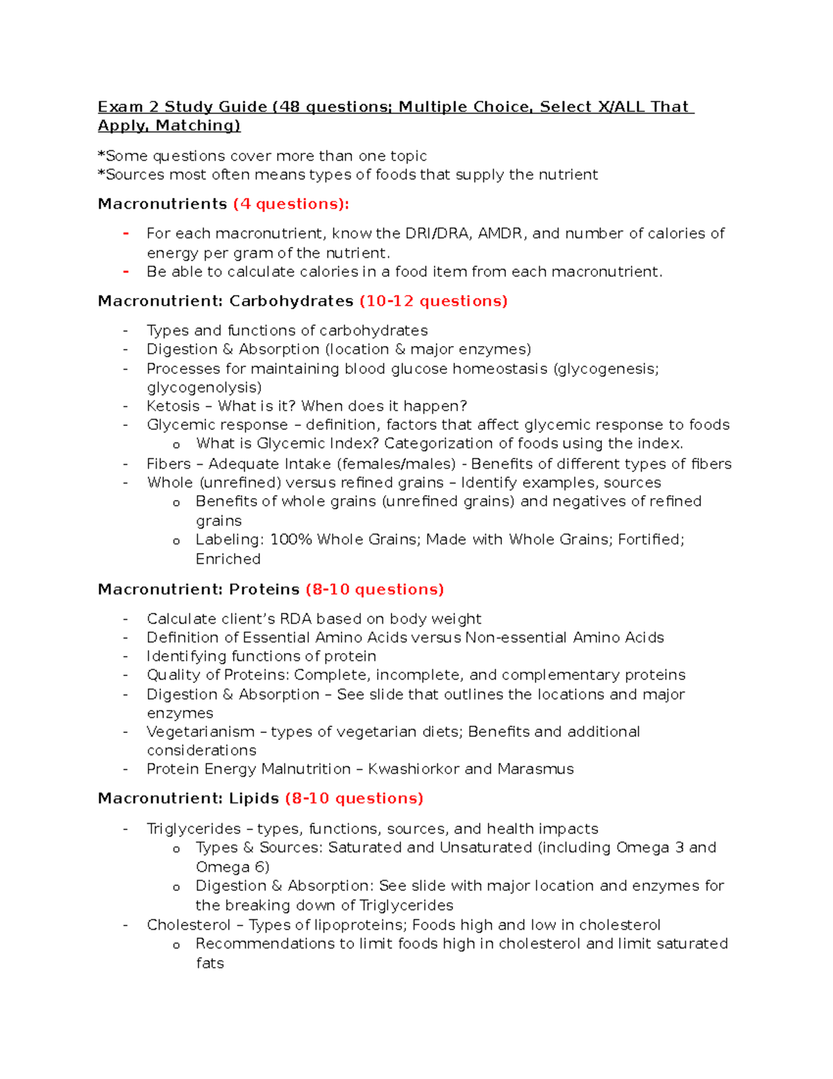 Nutrition Exam 2 Study Guide: Macronutrients & Their Functions - Studocu