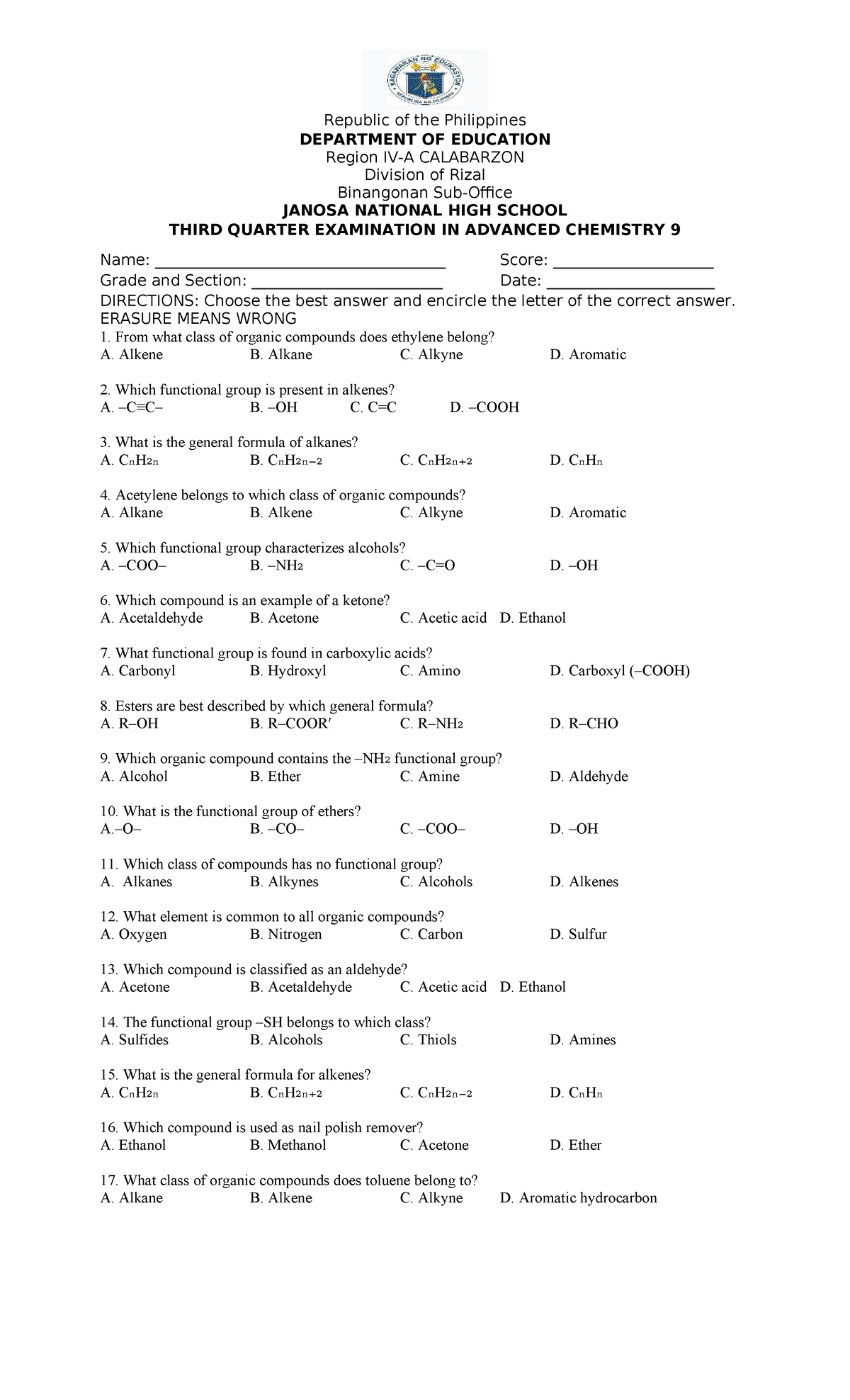 3RD AD CHEM Periodical Exam Review and Practice Questions - Studocu