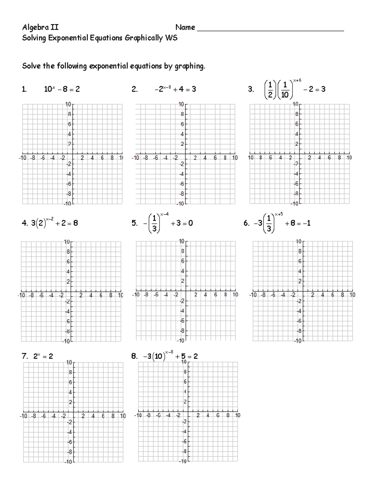 Solving Exponential Equations Graphically WS - Algebra II Name