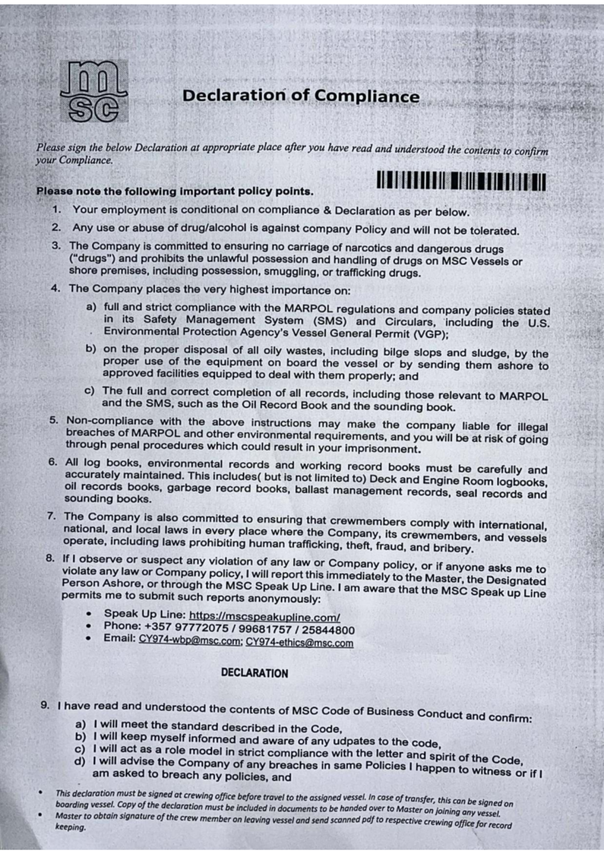 MSC Declaration of Compliance: Acknowledgment and Responsibilities ...