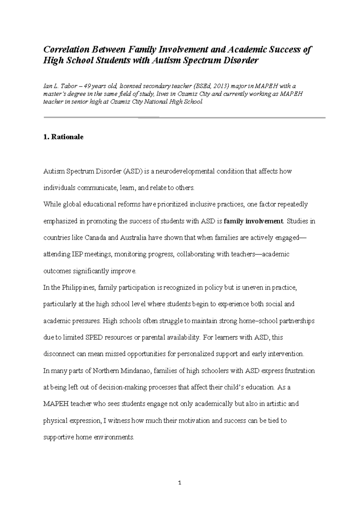Correlation of Family Involvement & Academic Success in ASD Students - Studocu