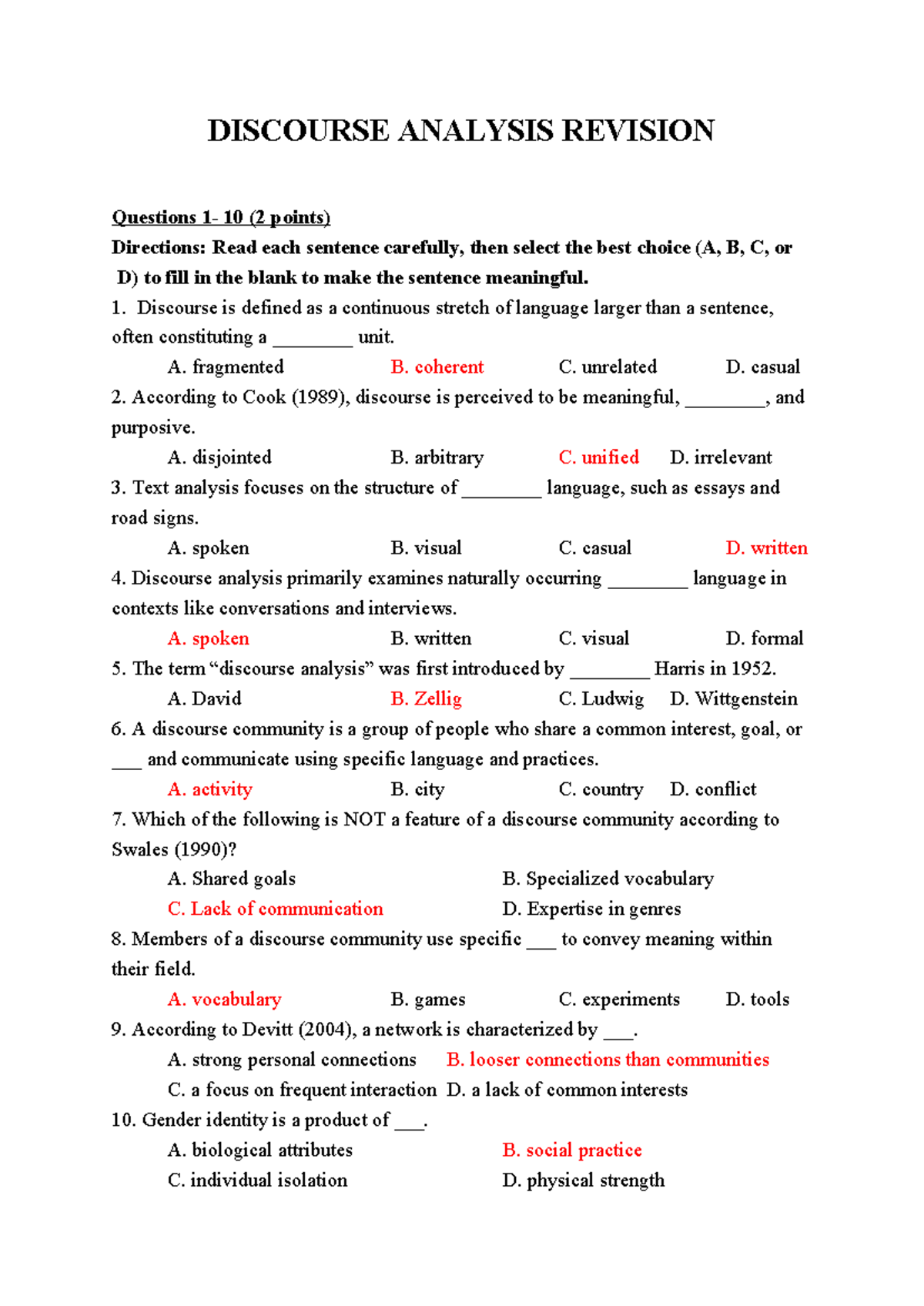 DISCOURSE ANALYSIS REVISION: Key Concepts and Practice Questions - Studocu