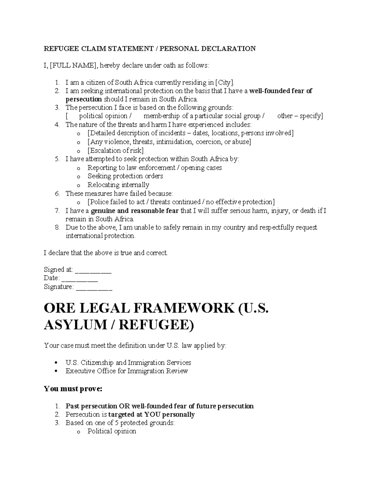Refugee Claim Statement: Urgent Asylum Request for Protection - Studocu