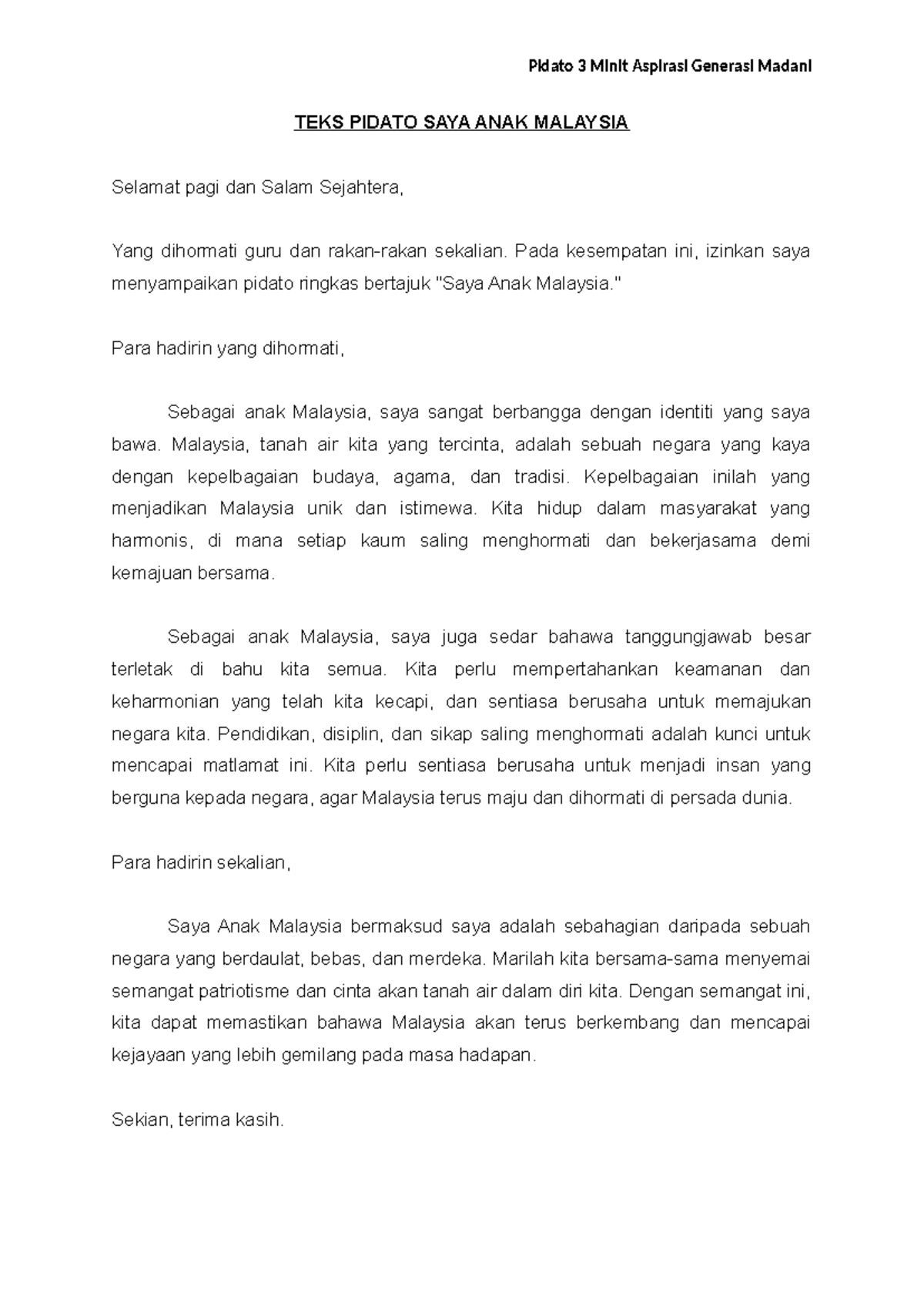 TEKS Pidato 3 Minit: Saya Anak Malaysia dan Patriotisme Negara - Studocu