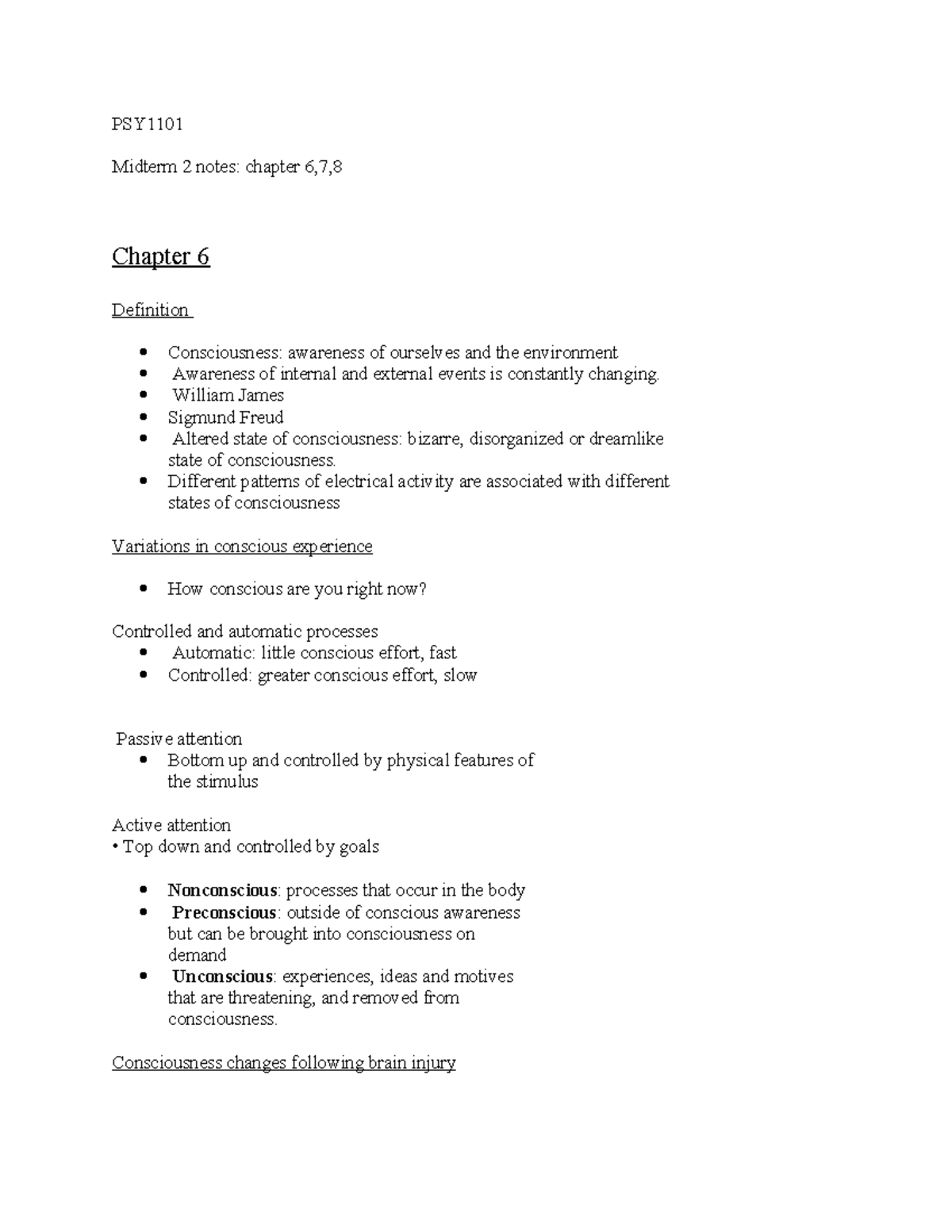 PSY1101 Midterm 2 Notes: Consciousness, Learning, and Memory (Ch. 6-8 ...