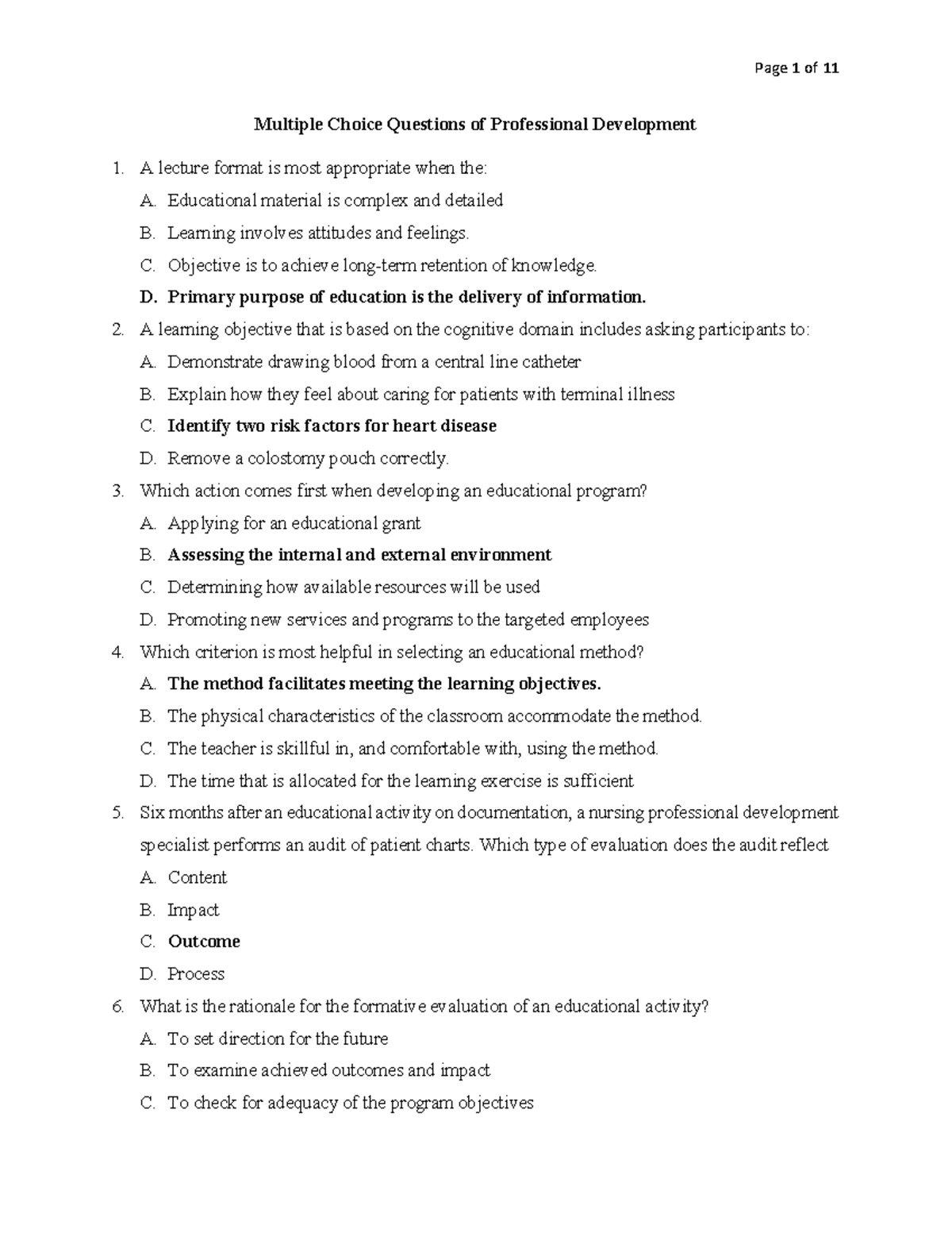 Professional Development Exam 2019: Multiple Choice Questions - Studocu
