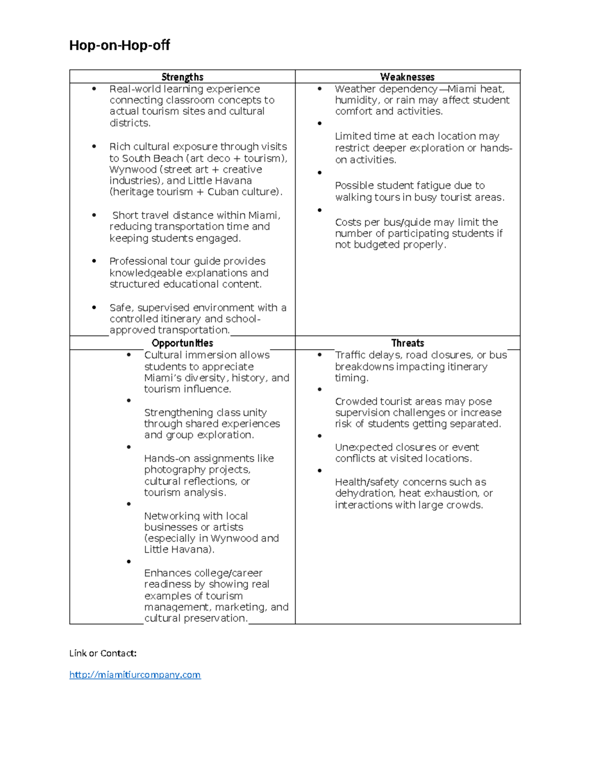 SWOT Analysis for Tourism Education Experience in Miami - Studocu