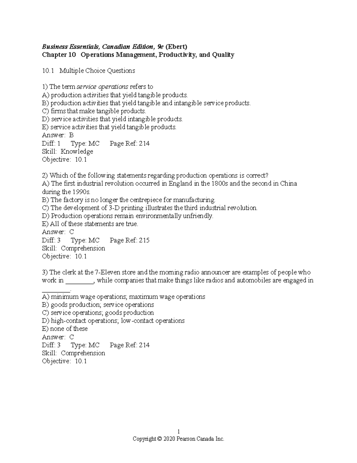 Chapter 10 BUSI 1110 Final Exam Answer Key: Operations Management ...