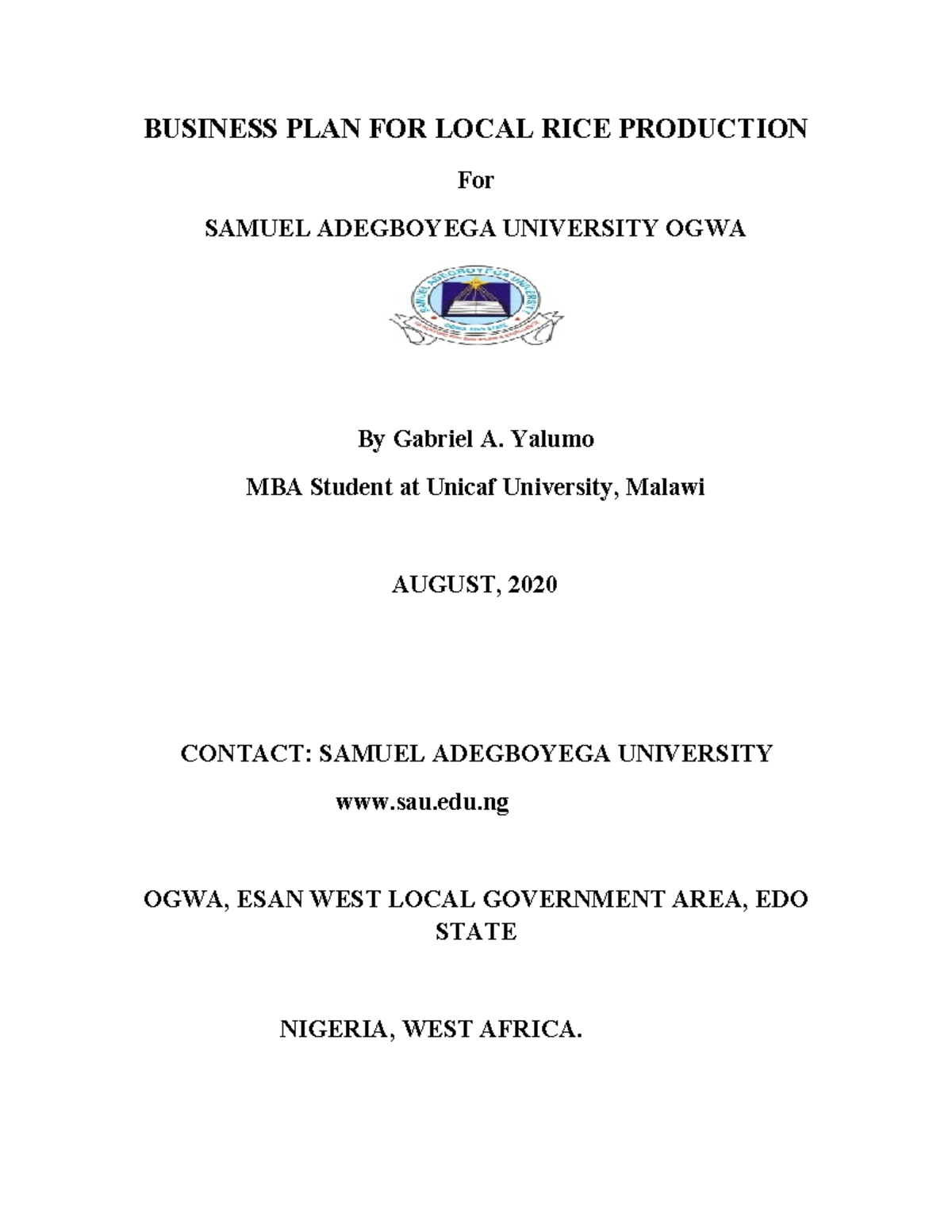 Business Plan for Local Rice Production at Samuel Adegboyega University ...