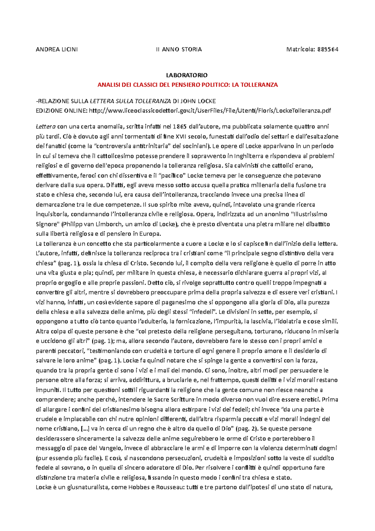 Relazione John Locke, Lettera sulla tolleranza - ANDREA LICINI II ANNO ...
