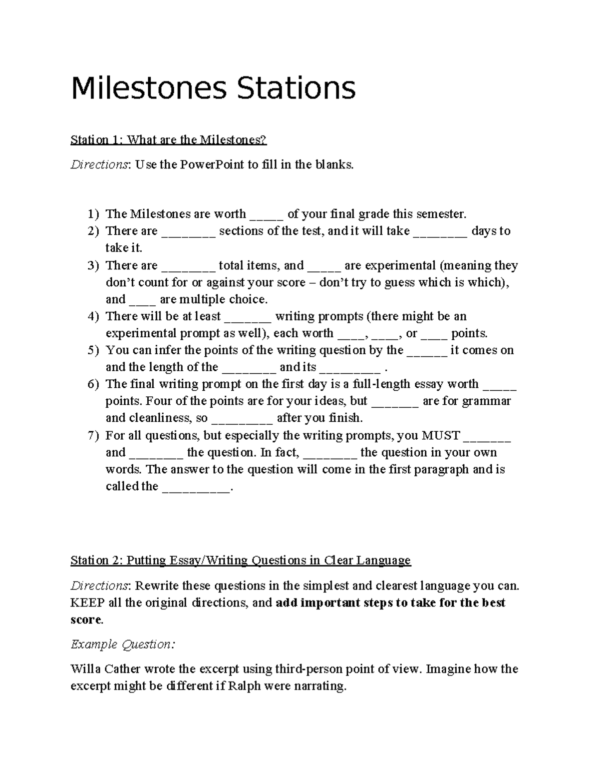 Milestones Stations: Final Exam Prep for Writing and Argumentation ...