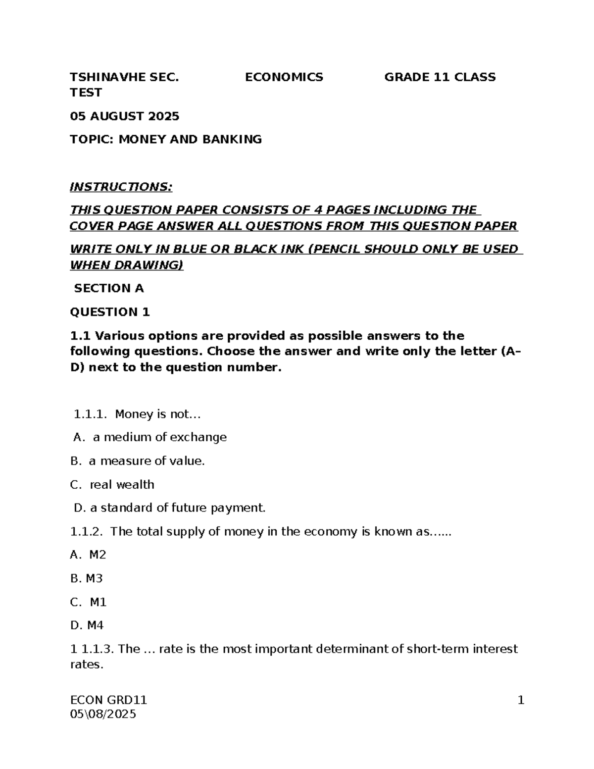 ECON 11 TEST: Money and Banking Concepts and Questions - Studocu