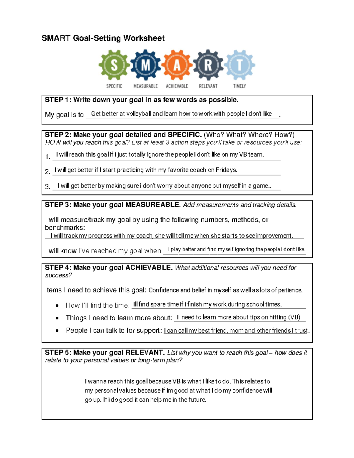SMART Goal Setting Worksheet: Volleyball Improvement Plan - Studocu