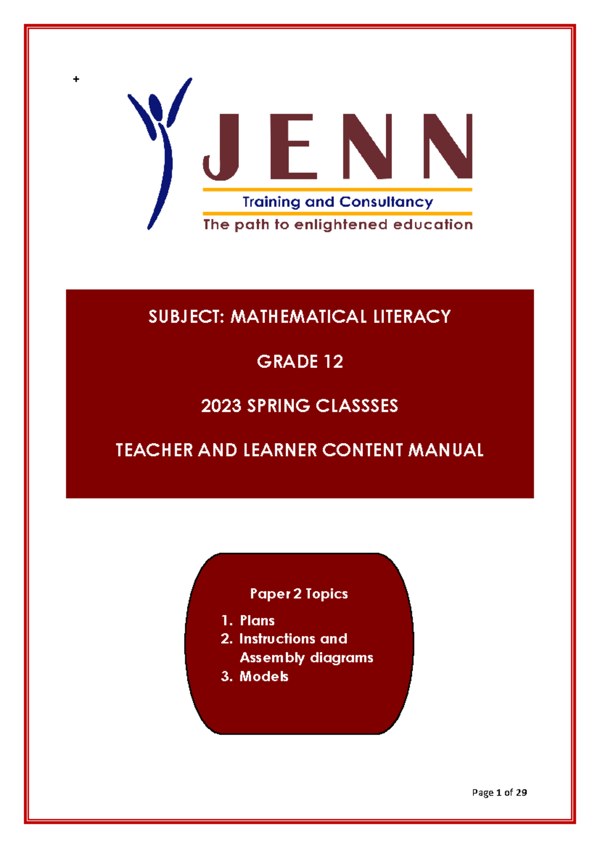 Grade 12 Mathematical Literacy Plans & Models Manual (2023) - Studocu