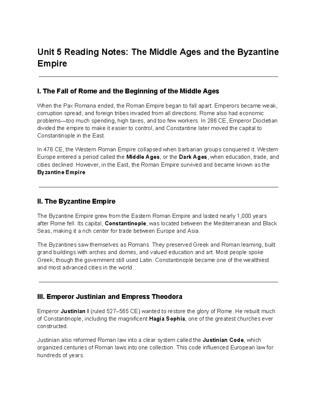 Unit 5 Reading Notes: The Middle Ages & Byzantine Empire - Studocu