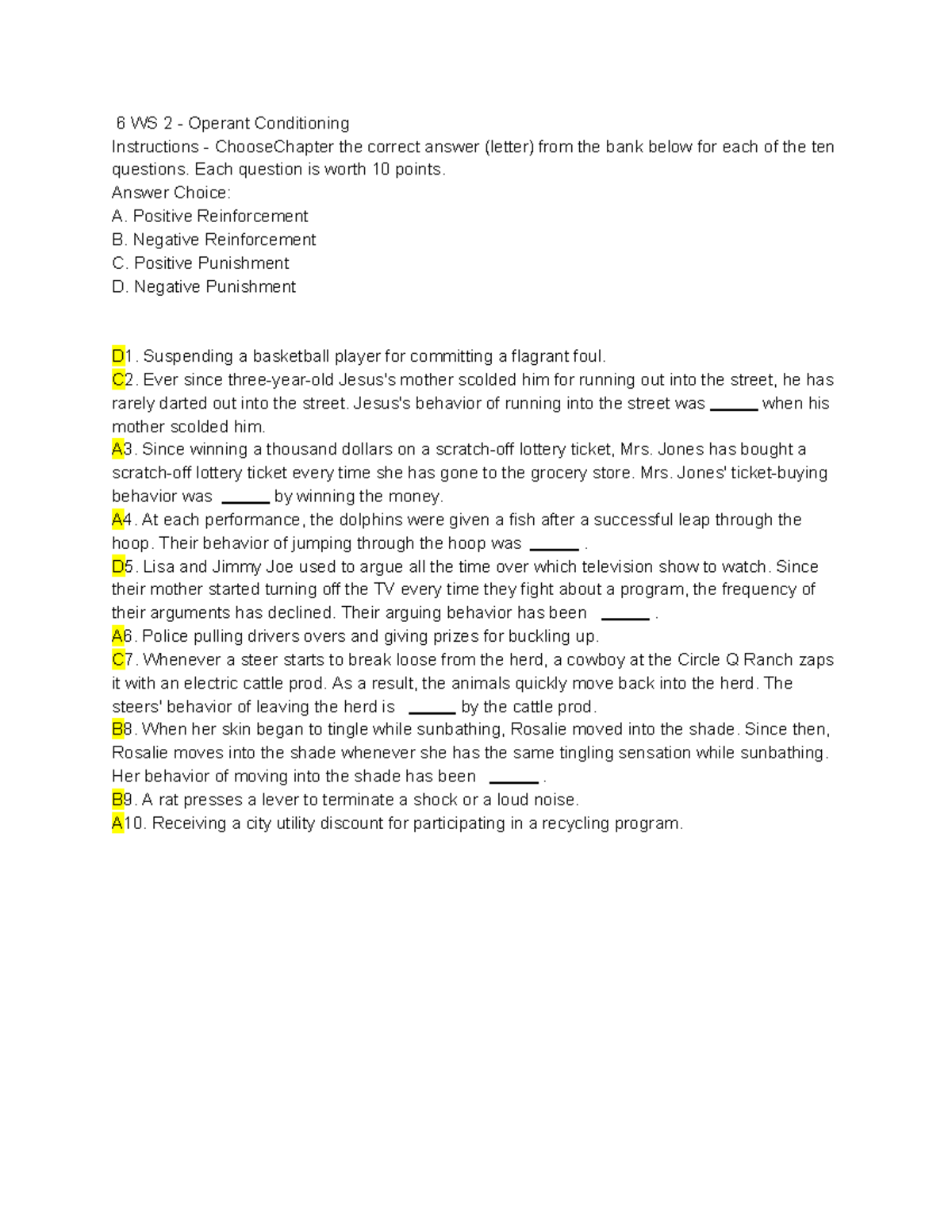 Chapter 6 WS 2 - Understanding Operant Conditioning Concepts - Studocu
