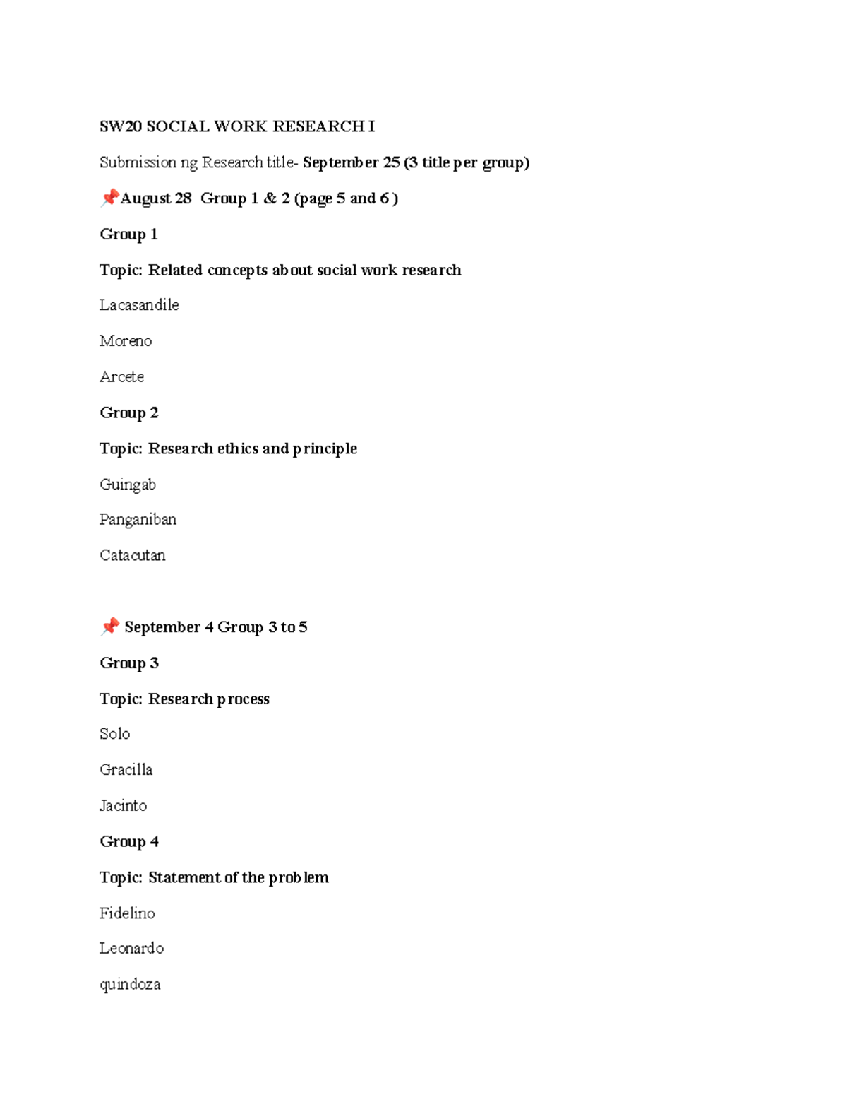 SW20 SOCIAL WORK RESEARCH I - Group Topics Outline - Studocu