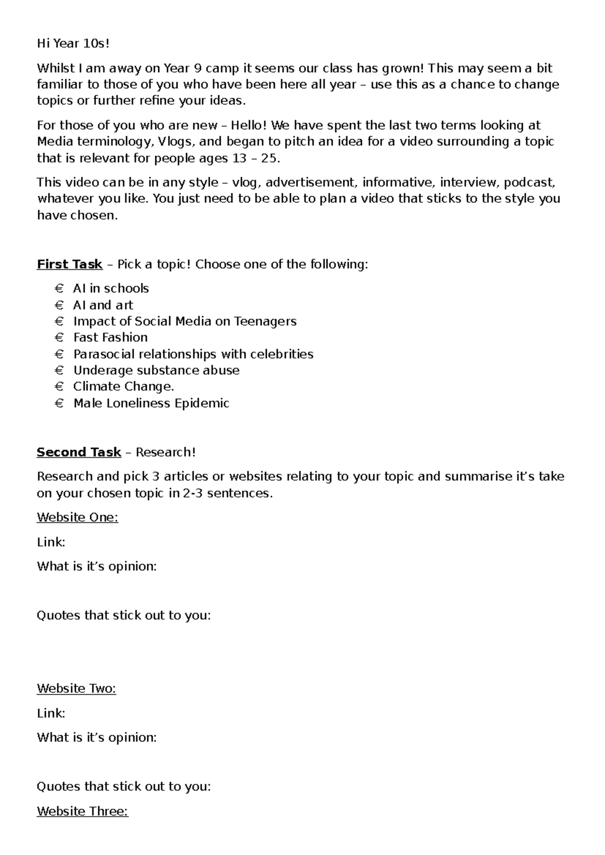 Year 10 Media Project: Film Topic Selection Guide - Studocu