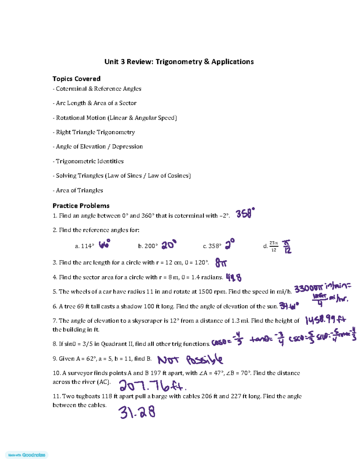 Unit 3 Review: Trigonometry & Applications - Practice Problems - Studocu