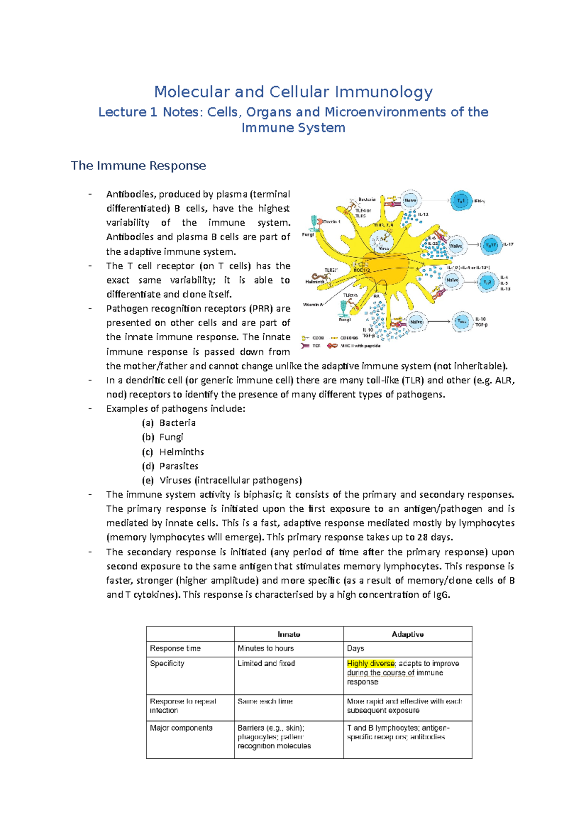 Molecular Immunology (BIOL 301): Lecture 1 Summary on Immune System ...