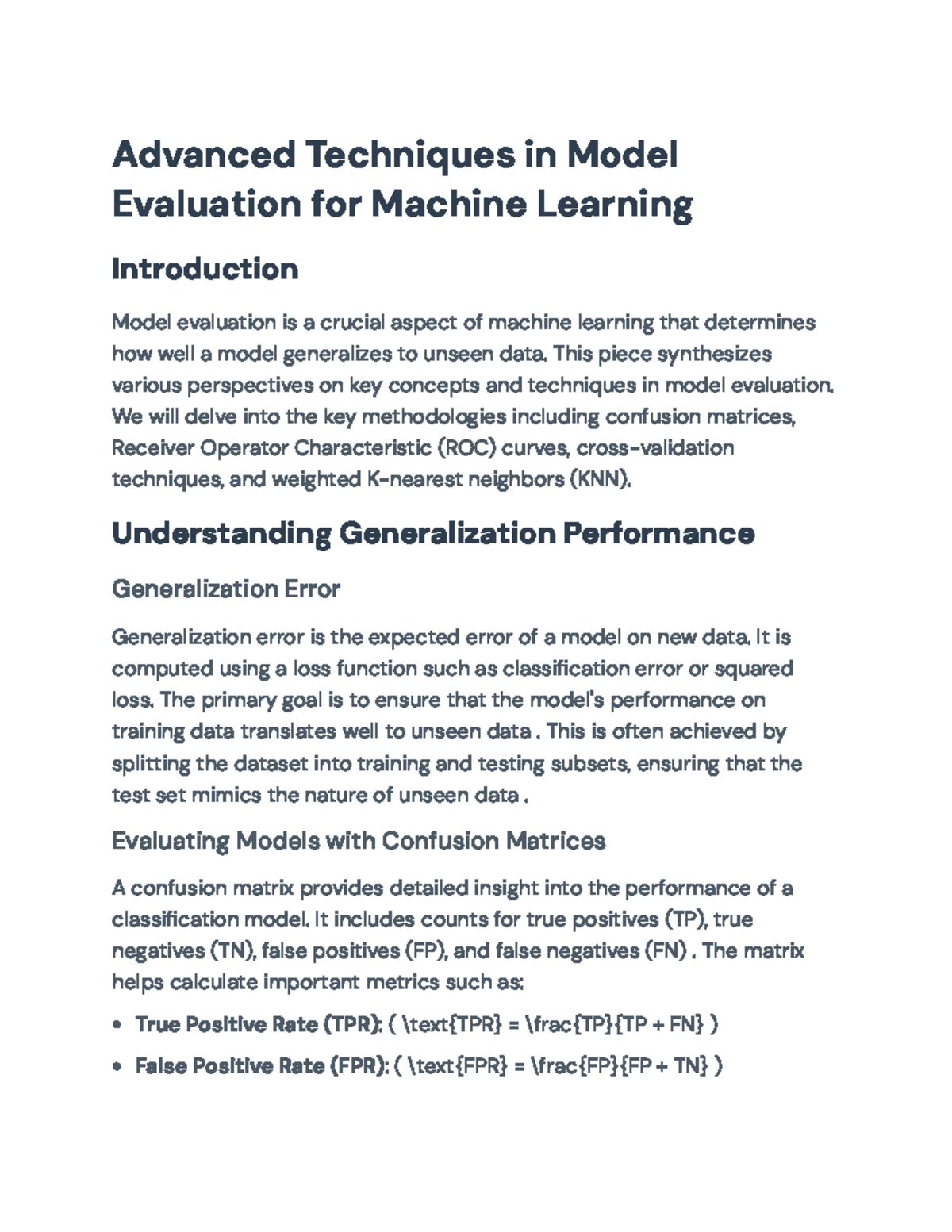 Advanced Techniques in Model Evaluation for Machine Learning (CS101 ...