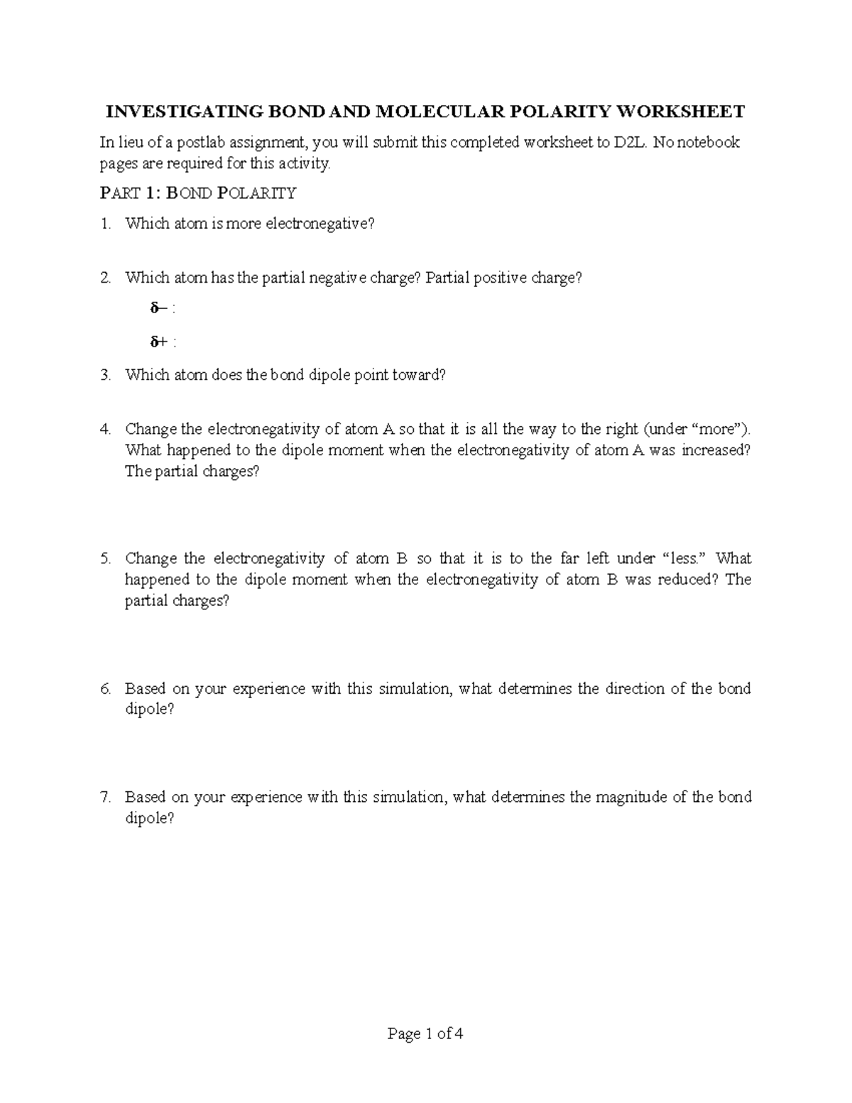 Polarity Lab Worksheet F211: Bond & Molecular Polarity Analysis - Studocu