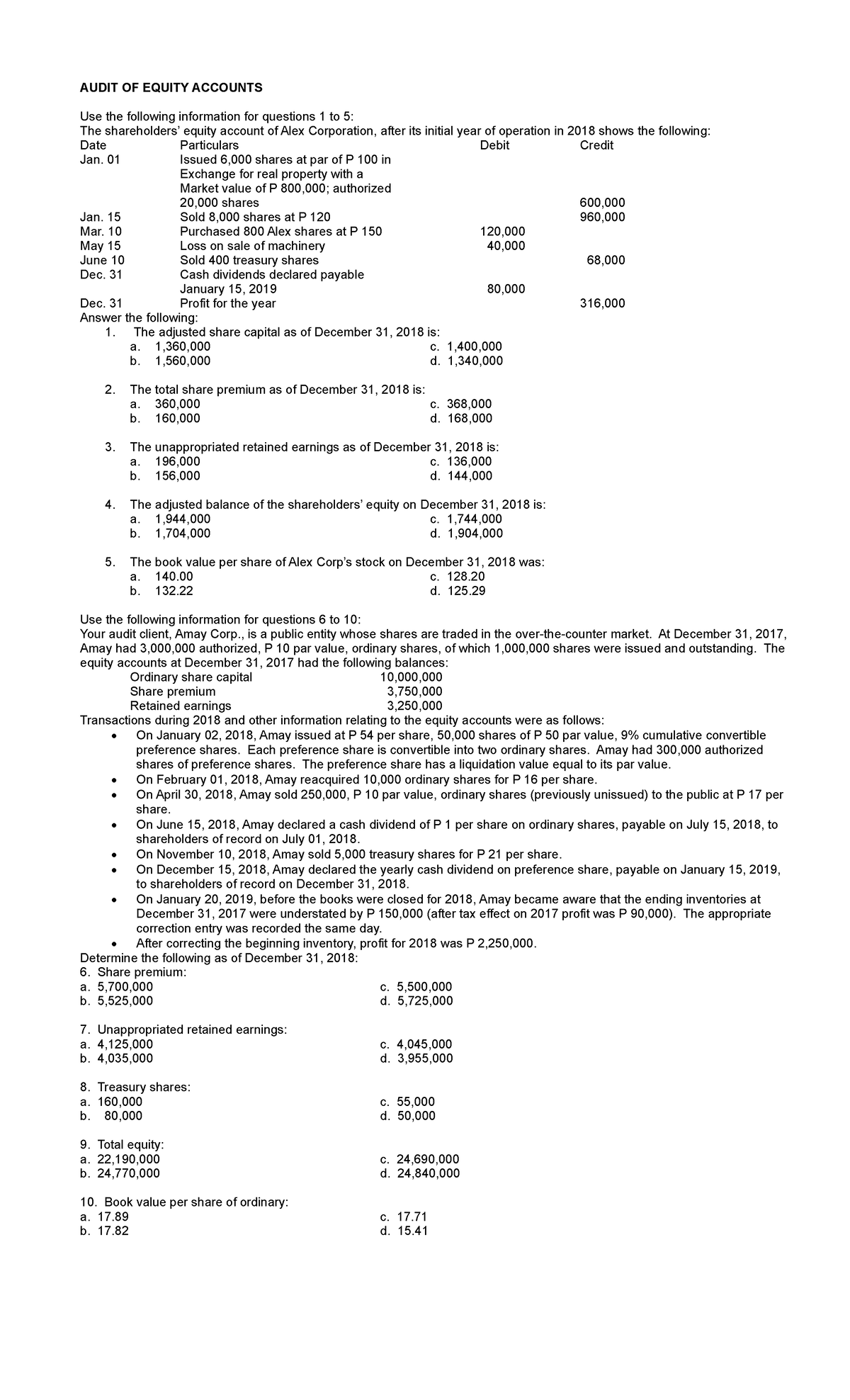 Equity Audit Questions for ACC 101: Shareholder Transactions and ...