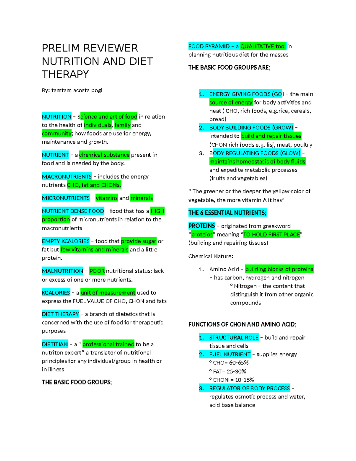 Nutrition AND DIET Therapy Prelim Reviewer - PRELIM REVIEWER NUTRITION ...