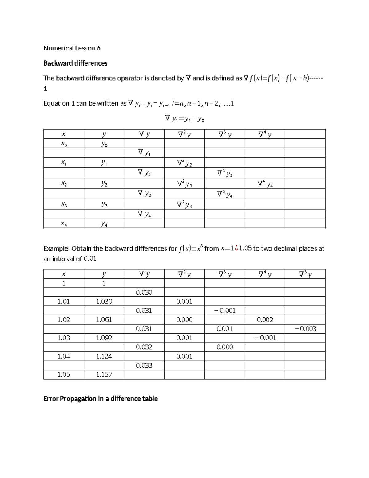 Numerical Lesson 6: Backward Differences and Error Propagation - Studocu