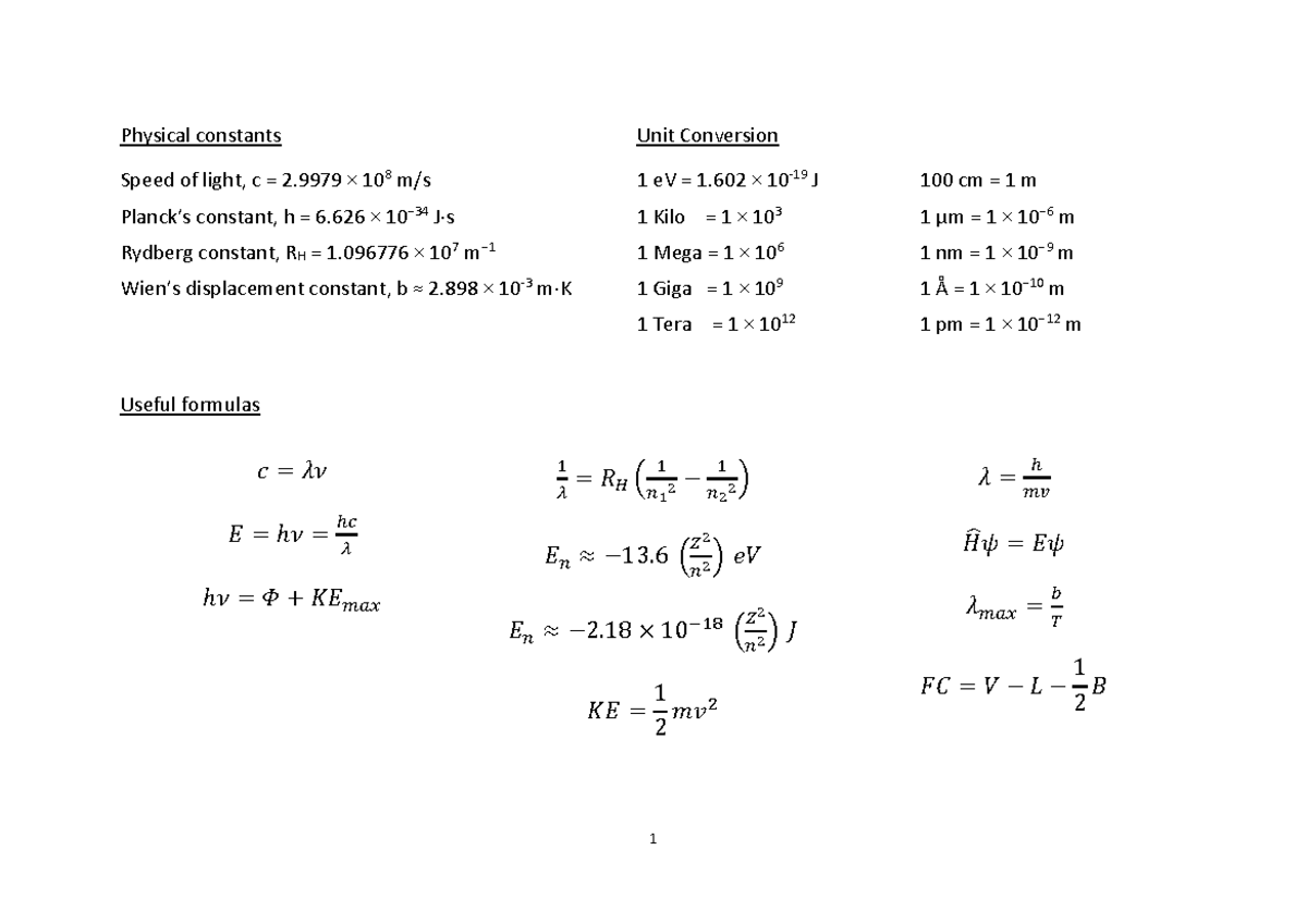 CM1102 Test 1: Physical Constants, Unit Conversions & Formulas - Studocu
