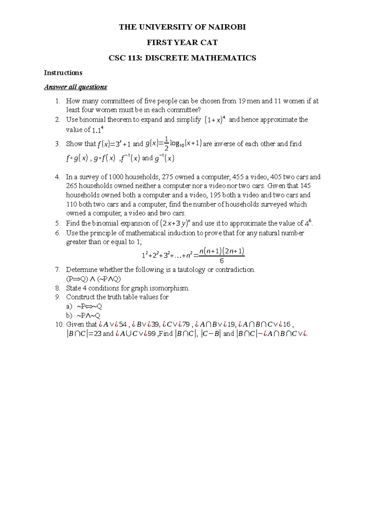 CAT CSC 113: Discrete Mathematics First Year Exam Notes - Studocu