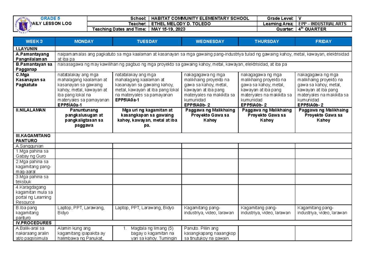 EPP 5 IA DLL WEEK 3 Final - DLL - GRADE 5 DAILY LESSON LOG School ...