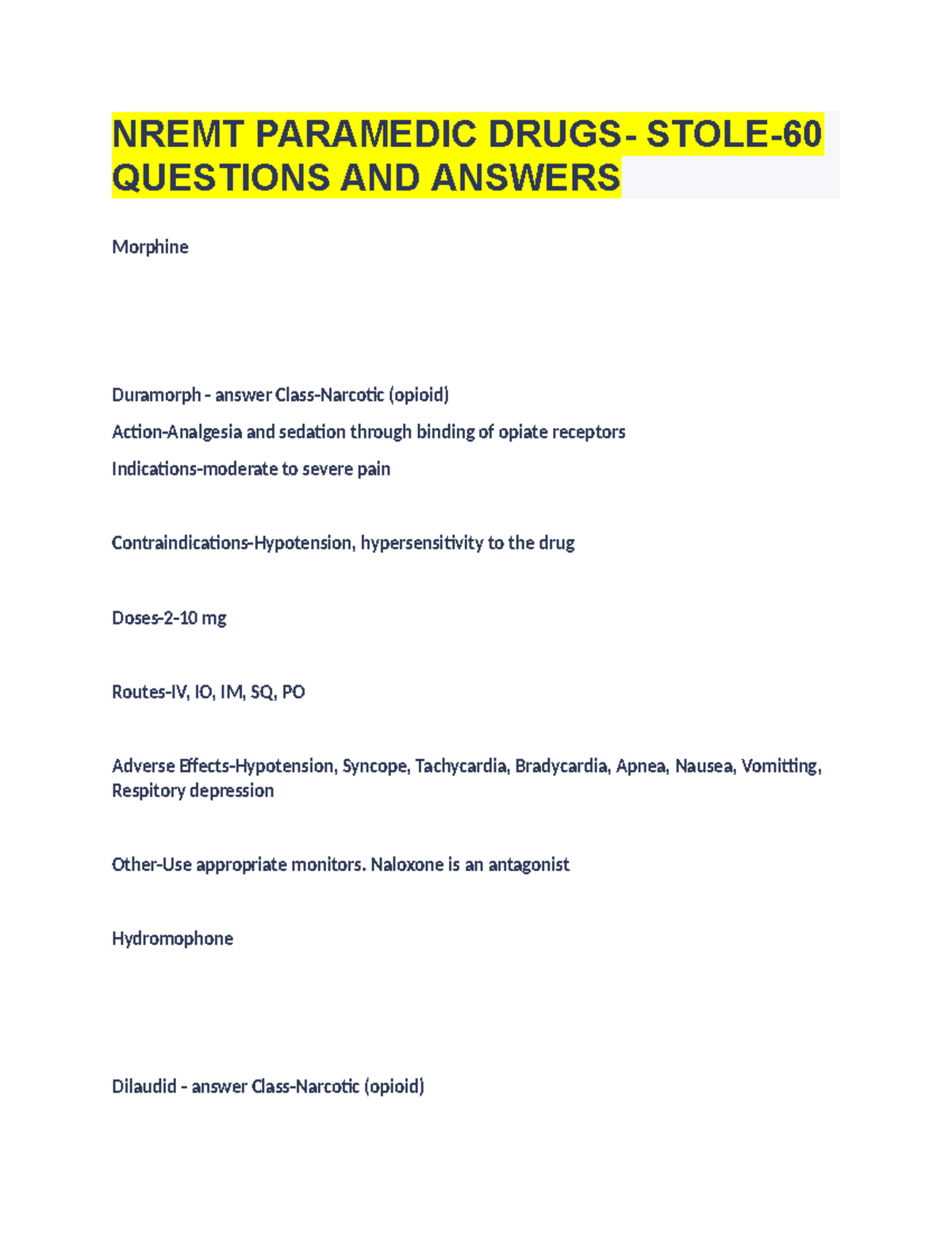 NREMT Paramedic Drugs Study Guide - 60 Q&A for Exam Prep - Studocu