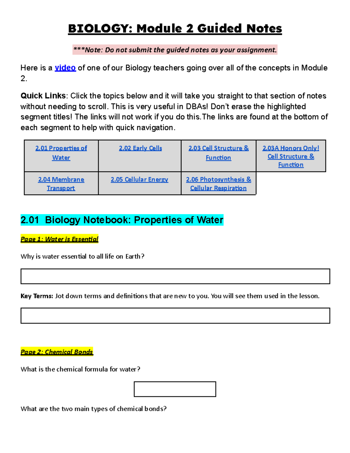 Module 2 Notes Packet - BIOLOGY: Module 2 Guided Notes ***Note: Do not ...