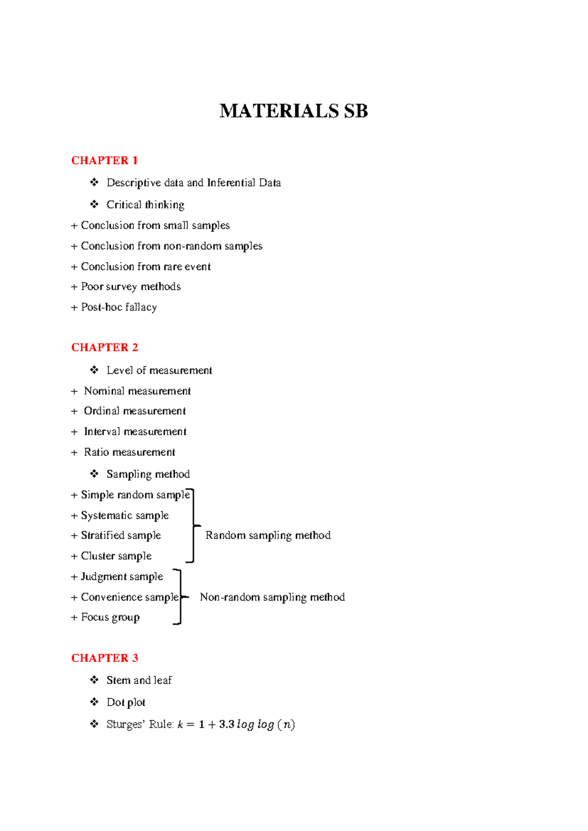 SB Summary of Formula - sbsbsbsb - MATERIALS SB CHAPTER 1 Descriptive ...