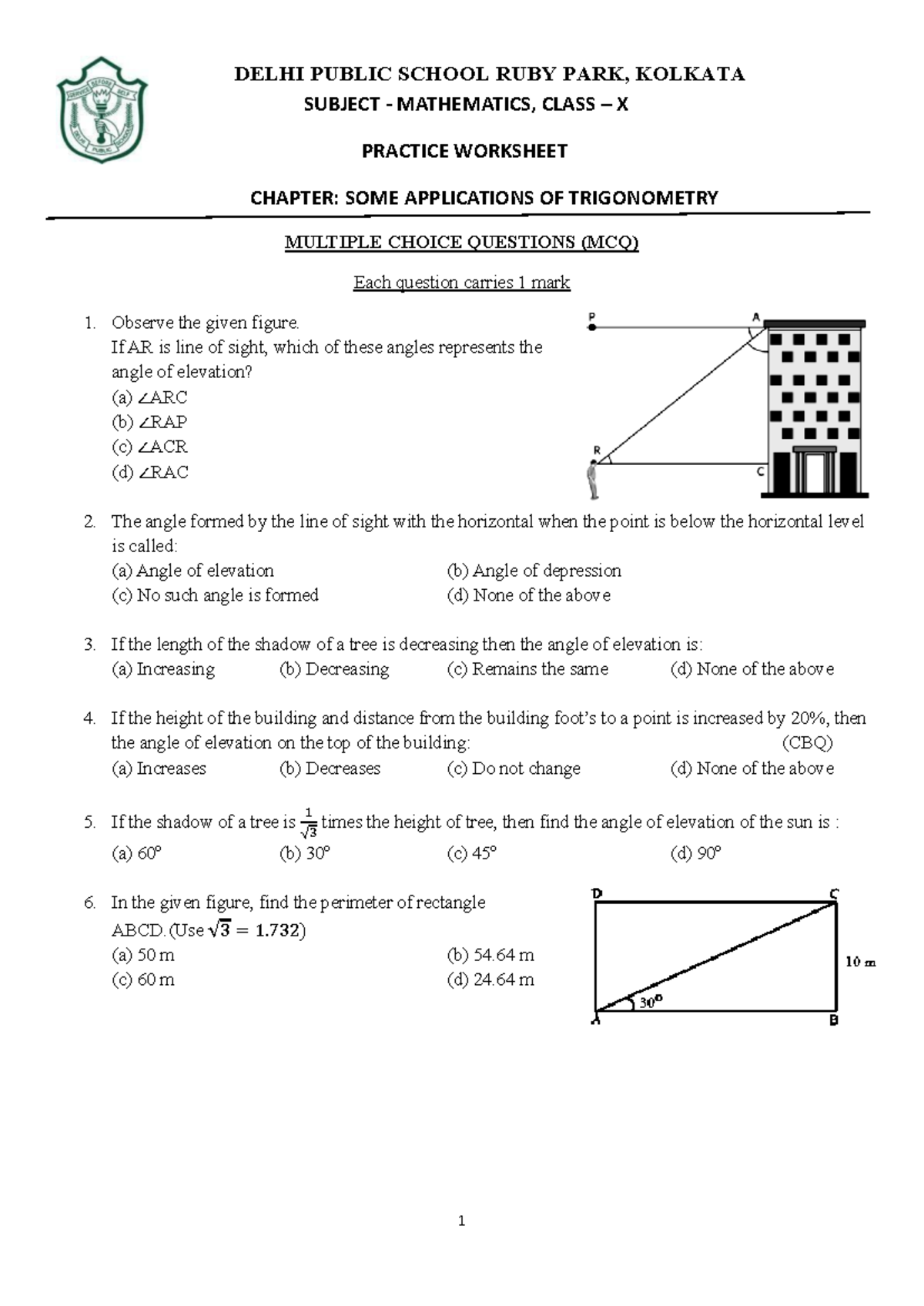 Mathematics Class X Practice Worksheet: Applications of Trigonometry ...