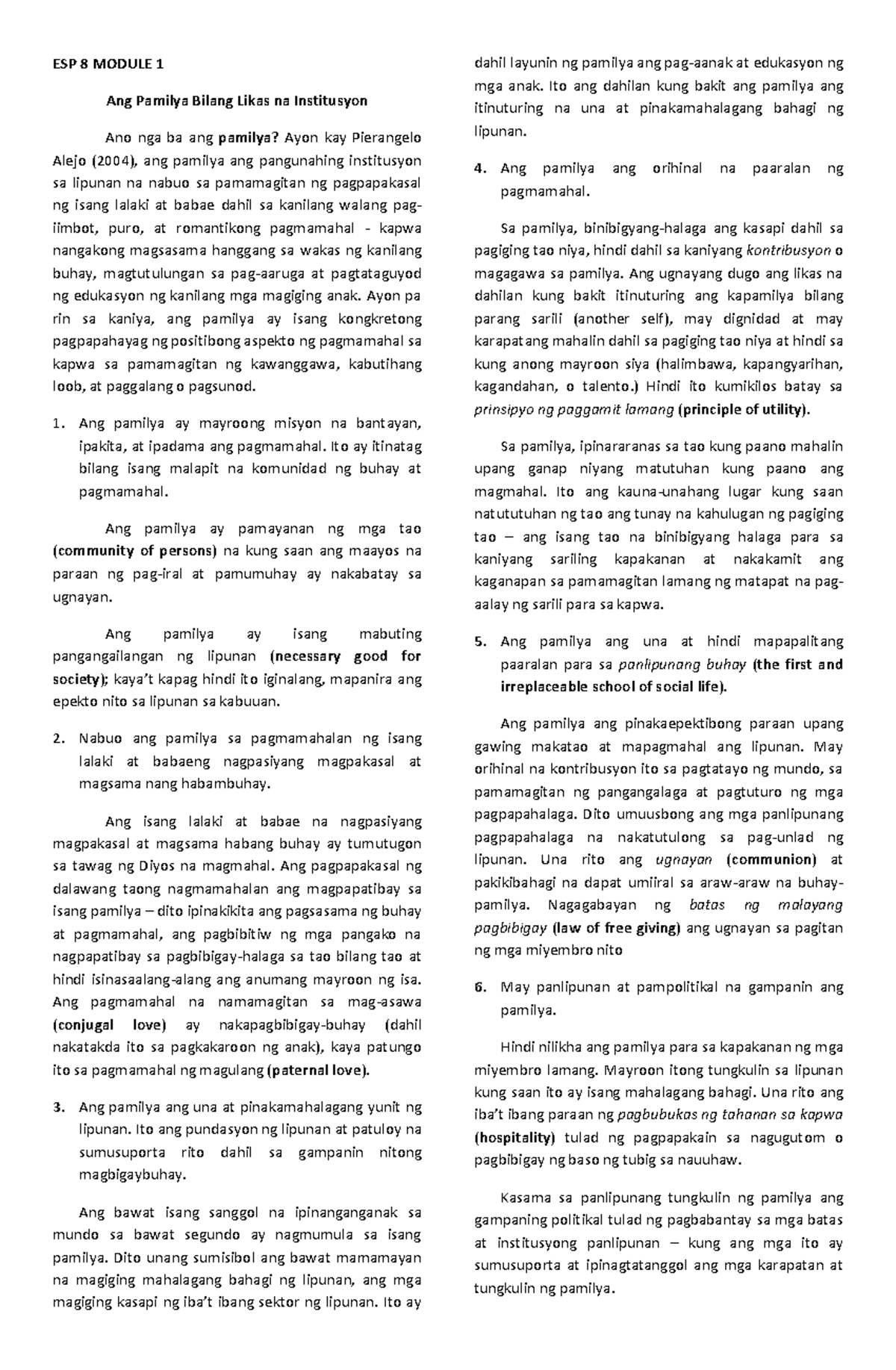 Pdfcoffee - Please enjoy - ESP 8 MODULE 1 Ang Pamilya Bilang Likas na Institusyon Ano nga ba ang ...