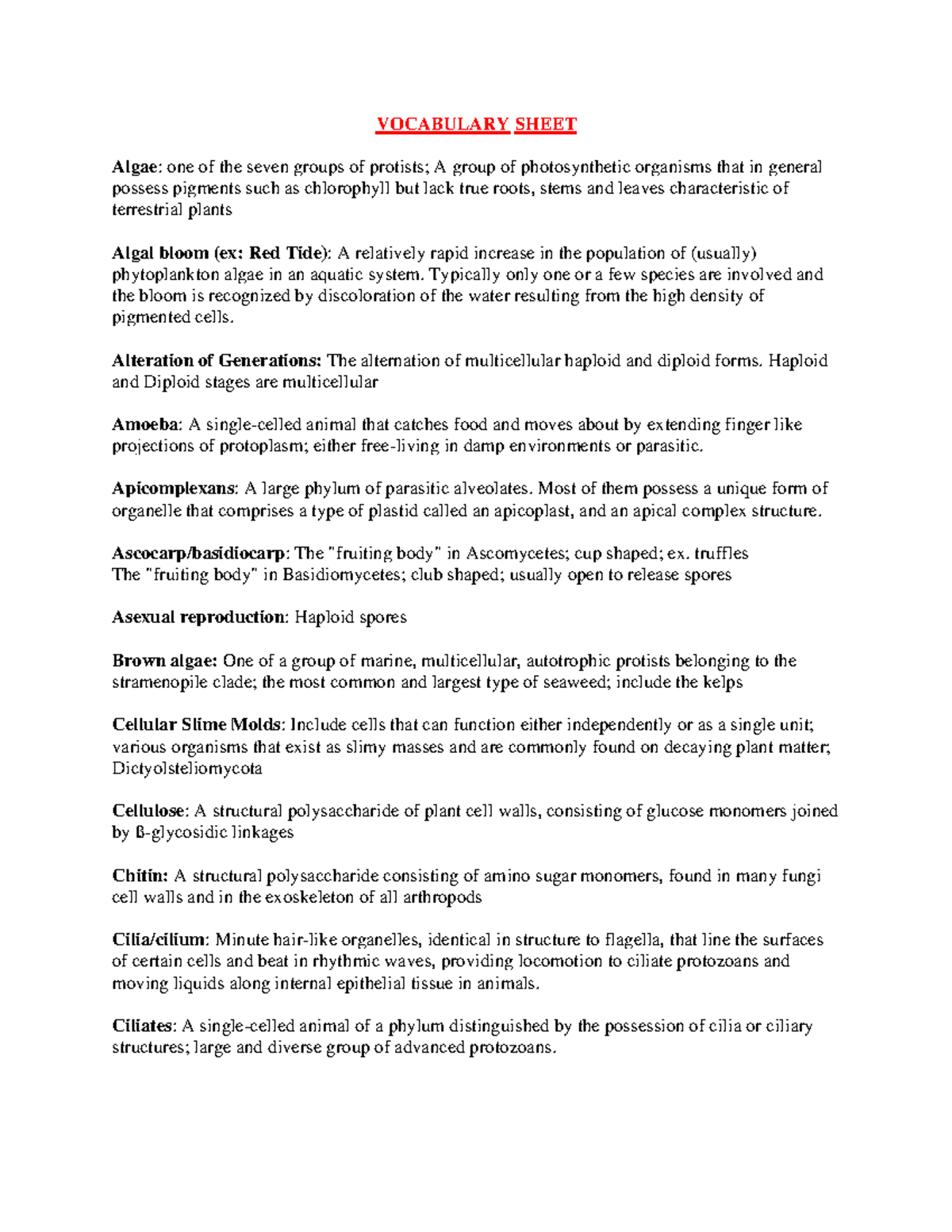 Vocabulary Sheet - VOCABULARY SHEET Algae: one of the seven groups of ...