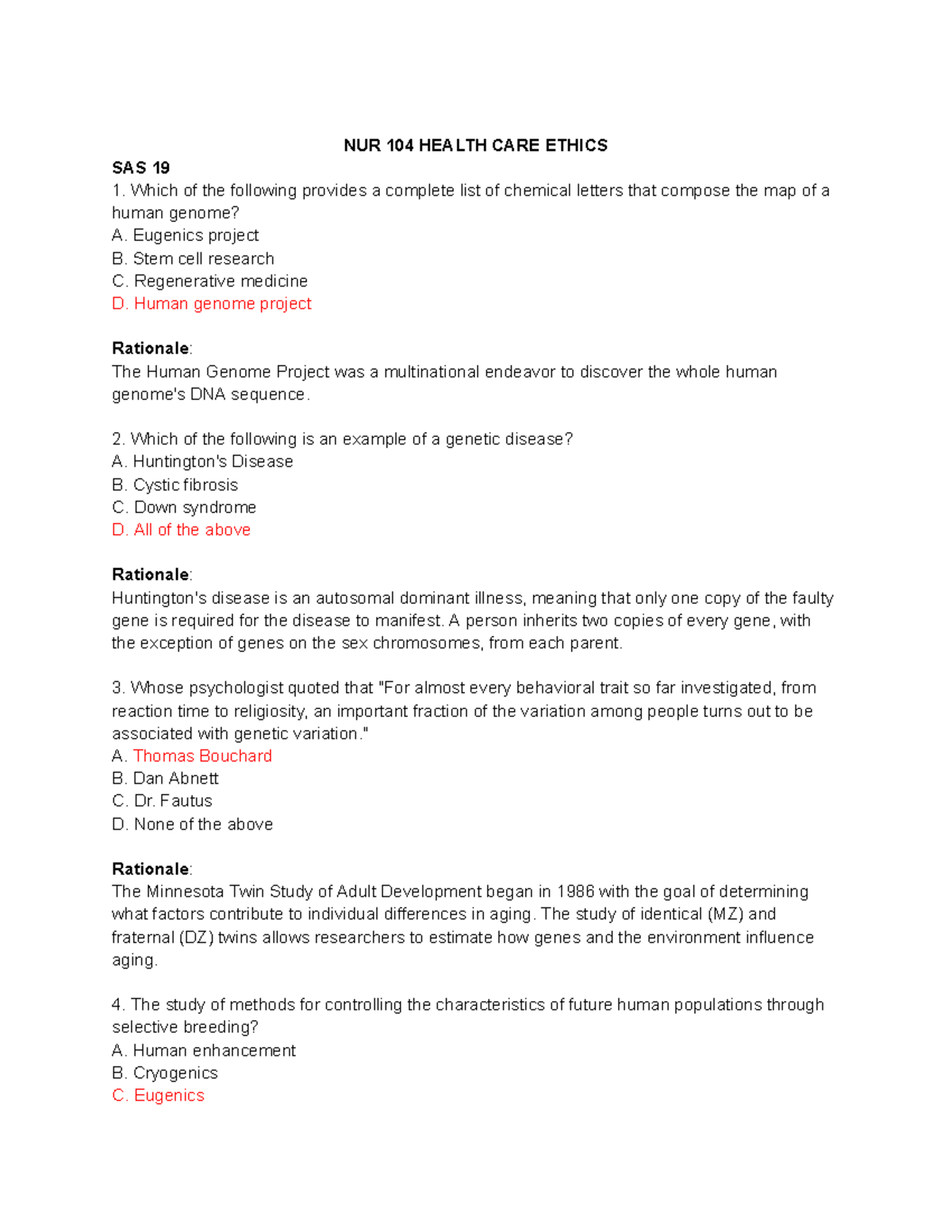 NUR 104 - Health Care Ethics Quiz on Genetics and Human Genome - Studocu