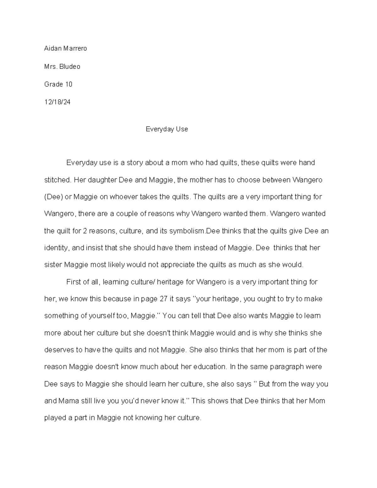 Essay Midterm - english - Aidan Marrero Mrs. Bludeo Grade 10 12/18 ...