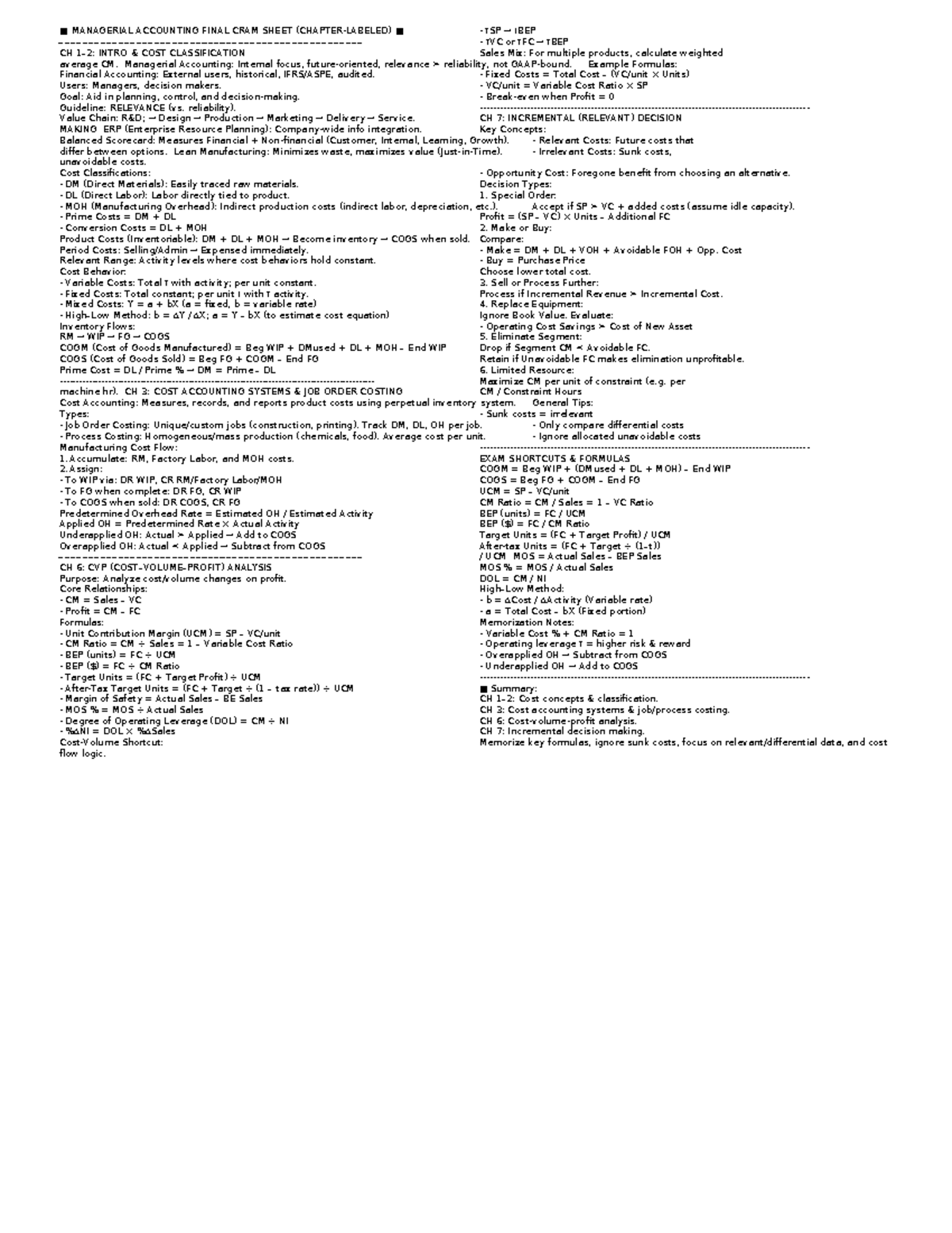MANAGERIAL ACCOUNTING FINAL CRAM SHEET: Key Concepts & Formulas - Studocu