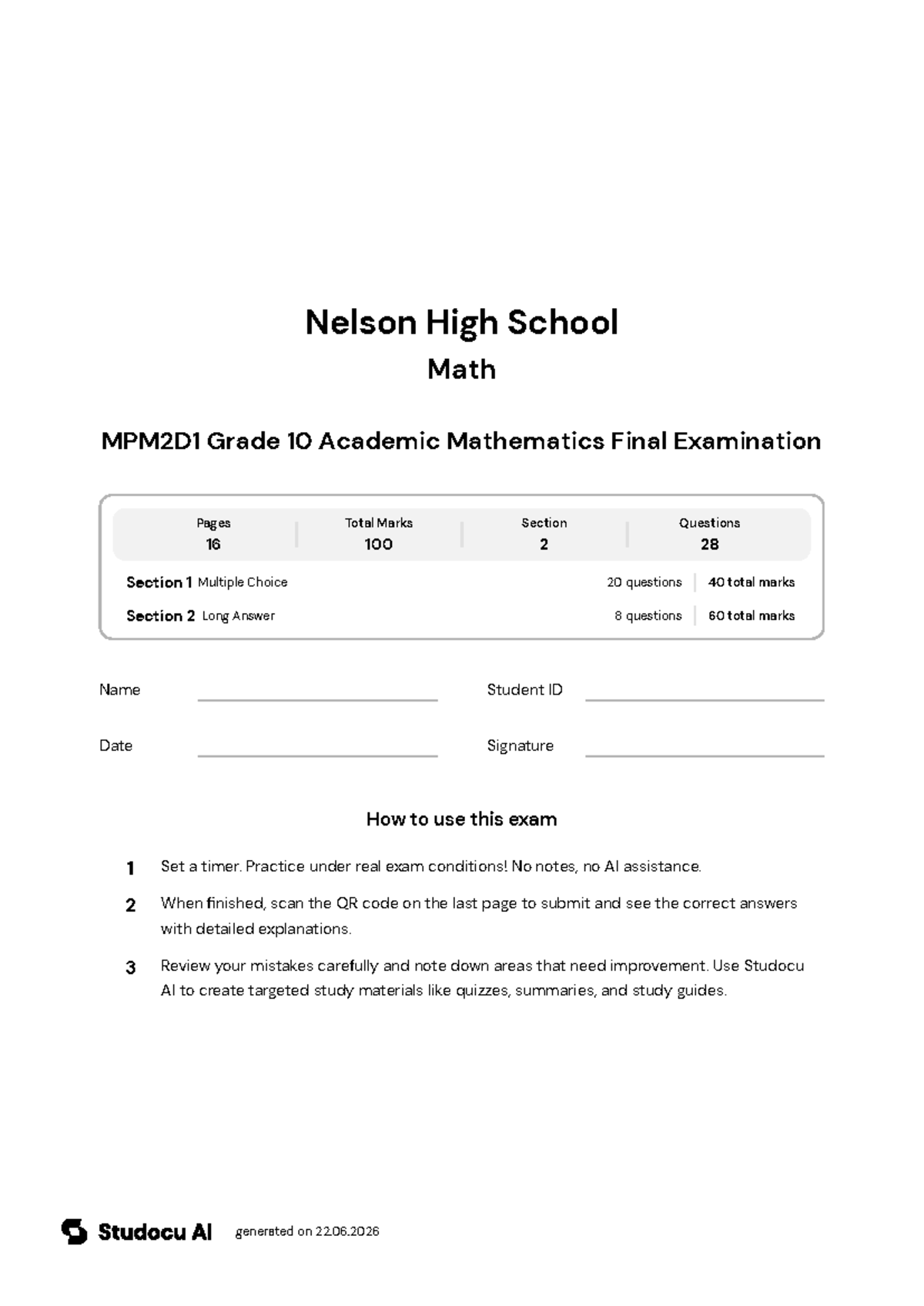 MPM2D1 Grade 10 Academic Mathematics Final Exam - Studocu