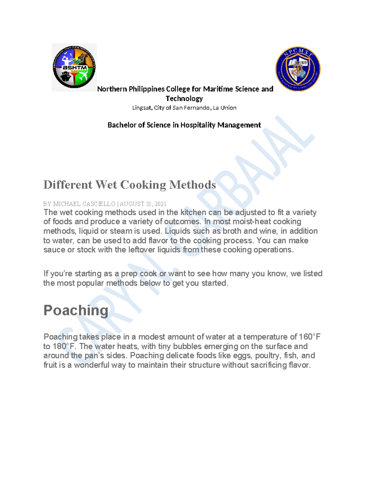 Wet Cooking Methods & Heat Transfer in Culinary Arts (BSHM 101) - Studocu