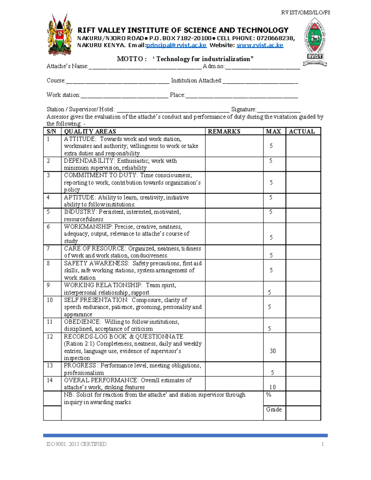 RIFT VALLEY INSTITUTE OF SCIENCE AND TECHNOLOGY Trainee Attachment ...