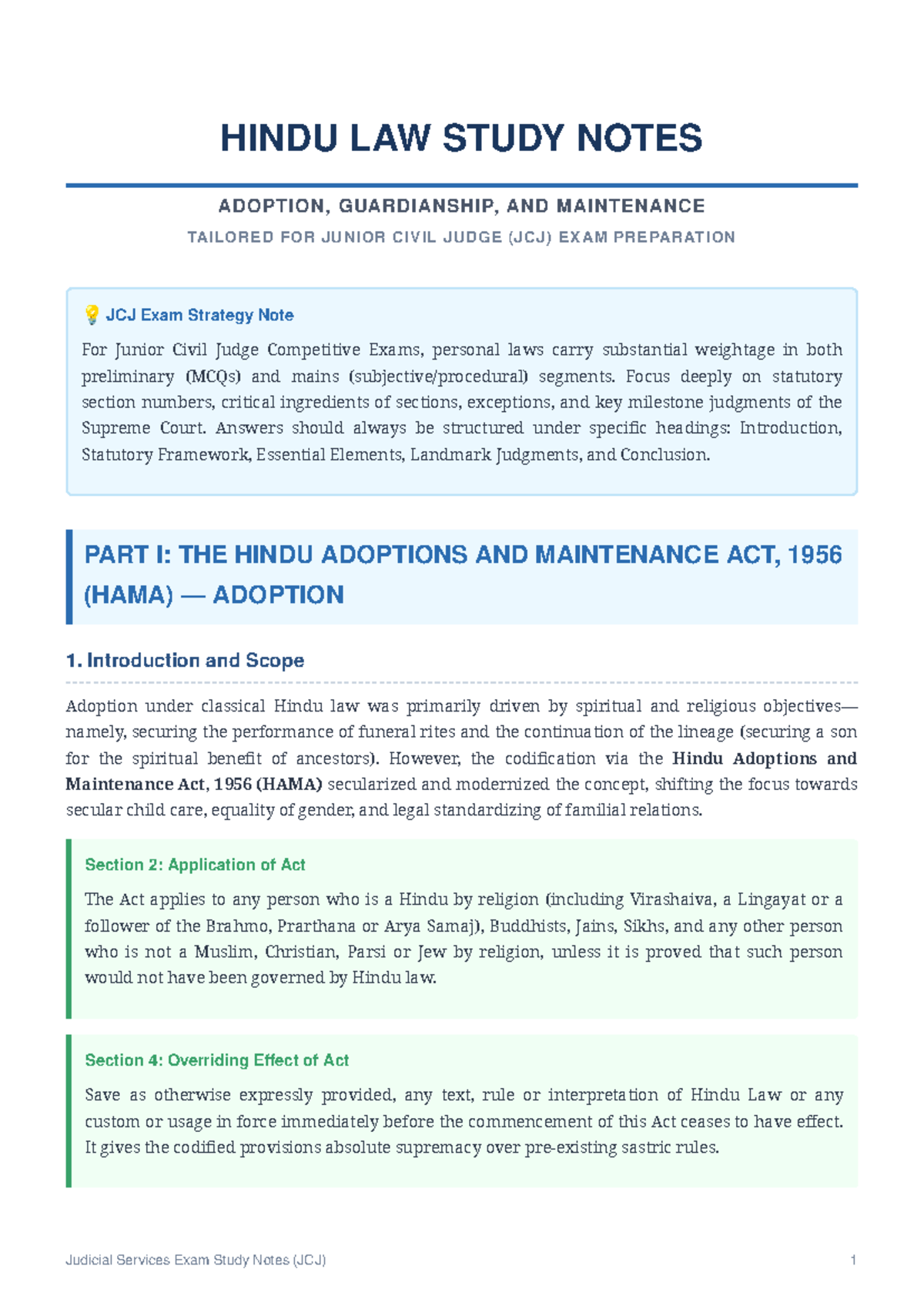 HINDU LAW JCJ STUDY NOTES: ADOPTION, GUARDIANSHIP & MAINTENANCE - Studocu