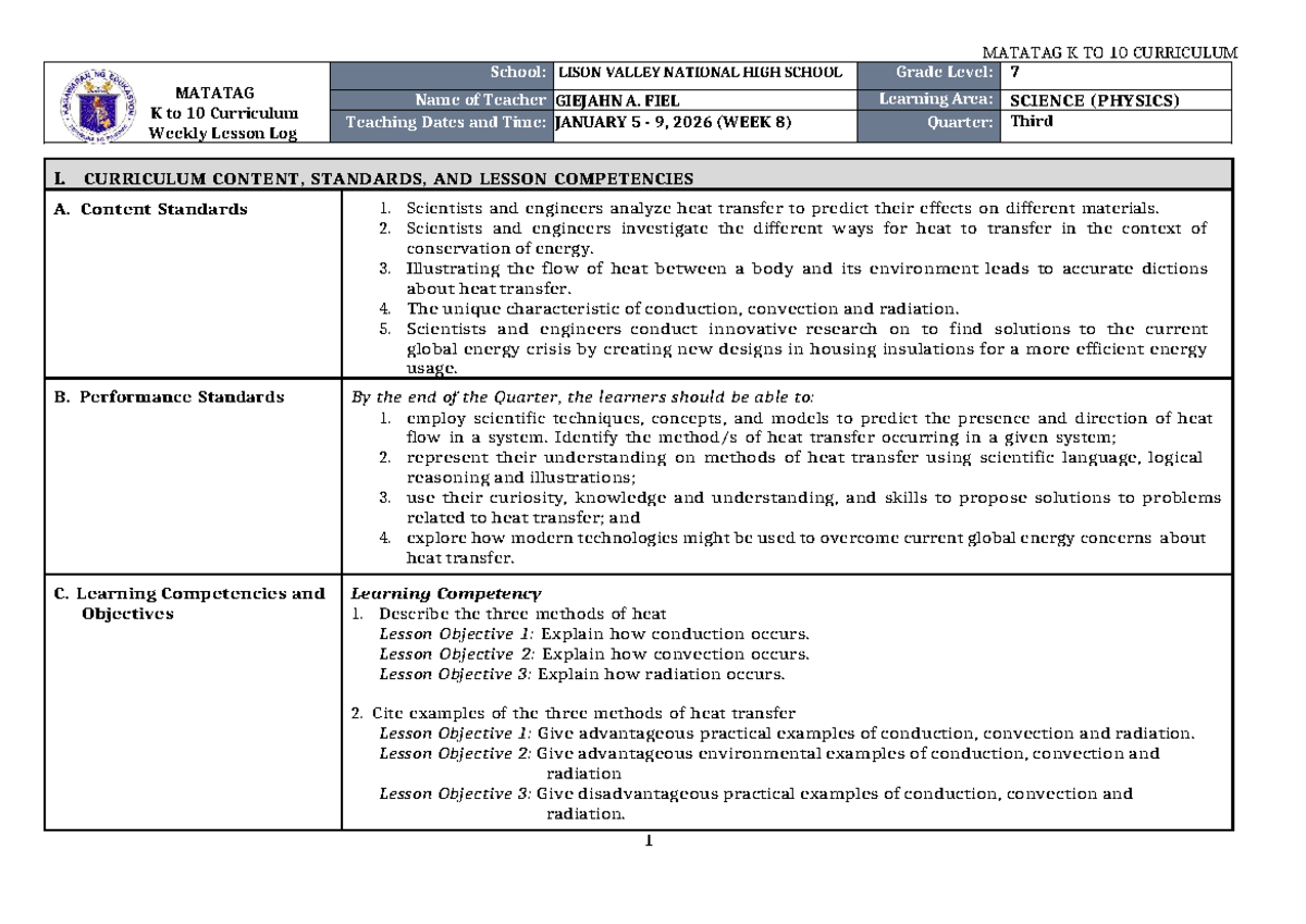 DLL Matatag Science 7 Q3 Week 8: Heat Transfer Methods - Studocu