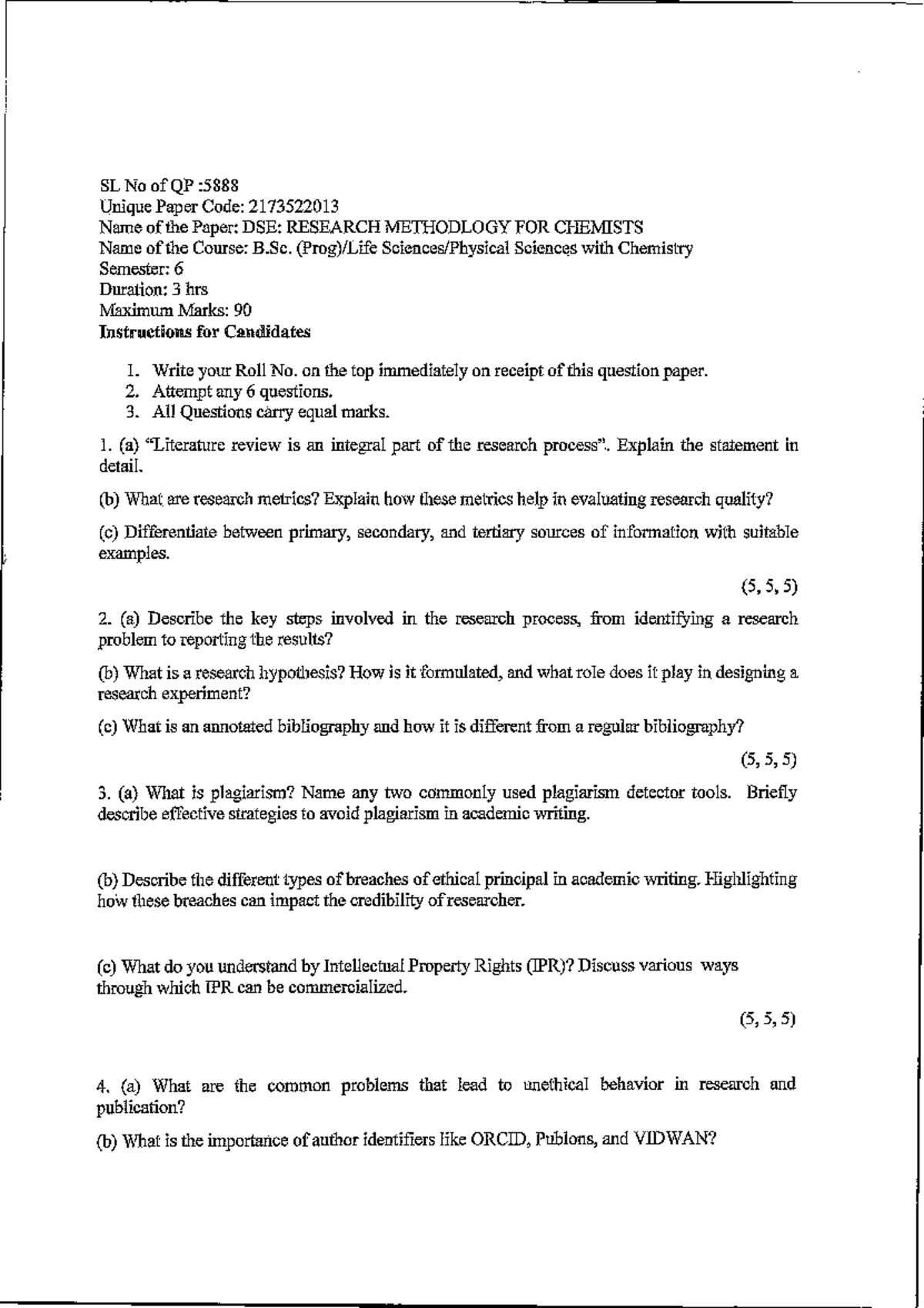 B.Sc. Research Methodology for Chemists - Semester 6 Exam QP 2173522013 ...