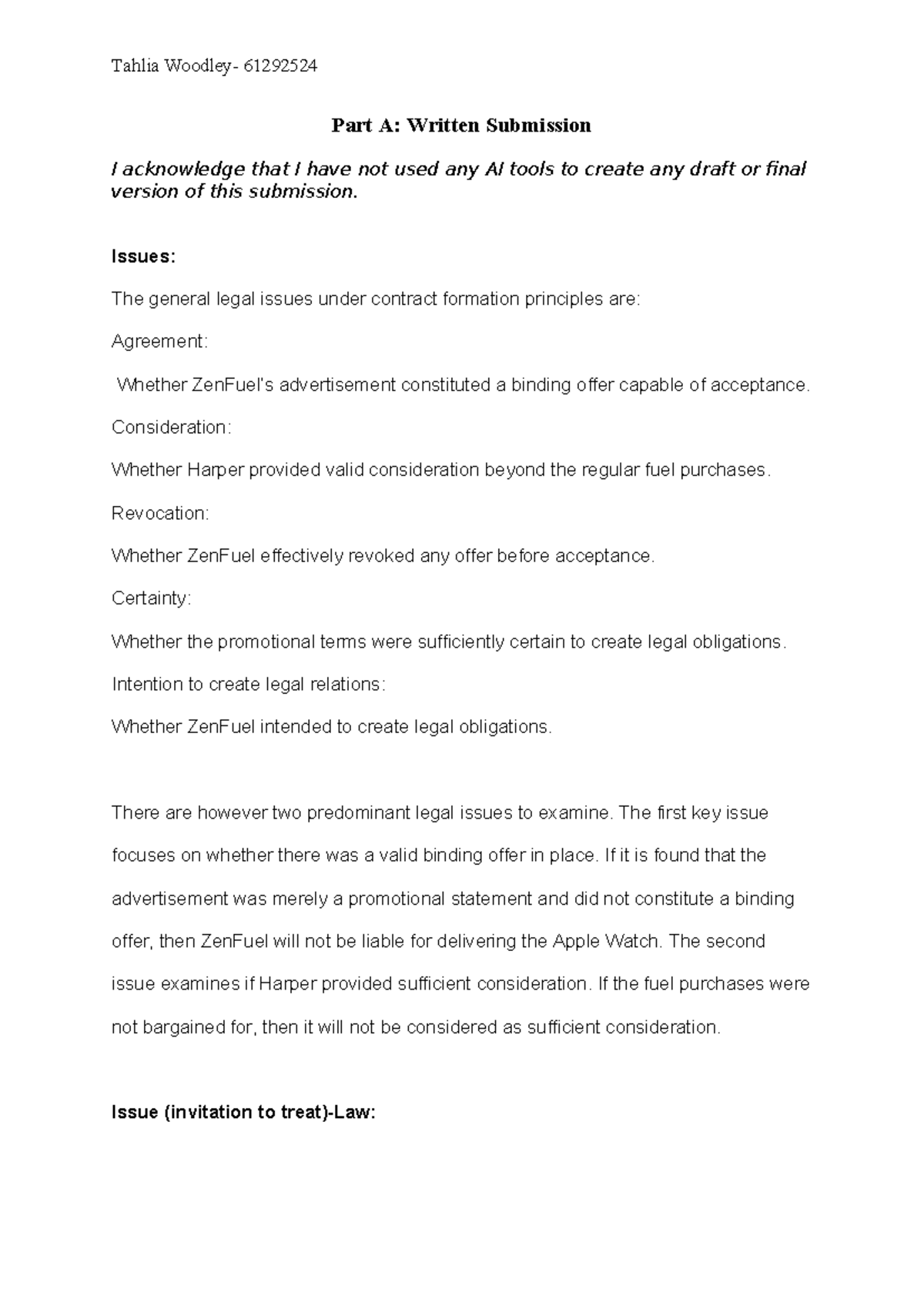 Contract Law Essay 1: Analysis of Offer and Consideration Issues - Studocu