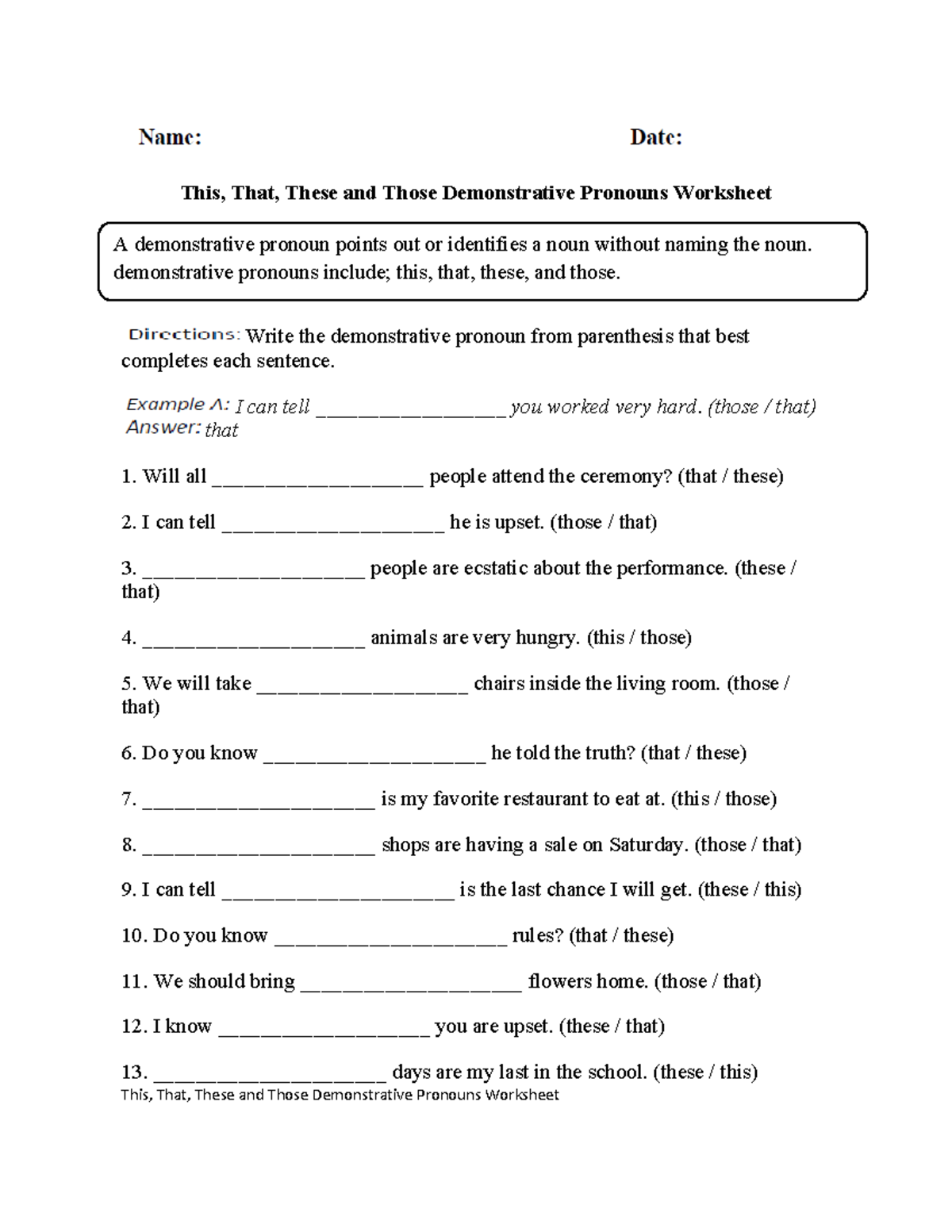 This, That, These, and Those Demonstrative Pronouns Worksheet A - Studocu